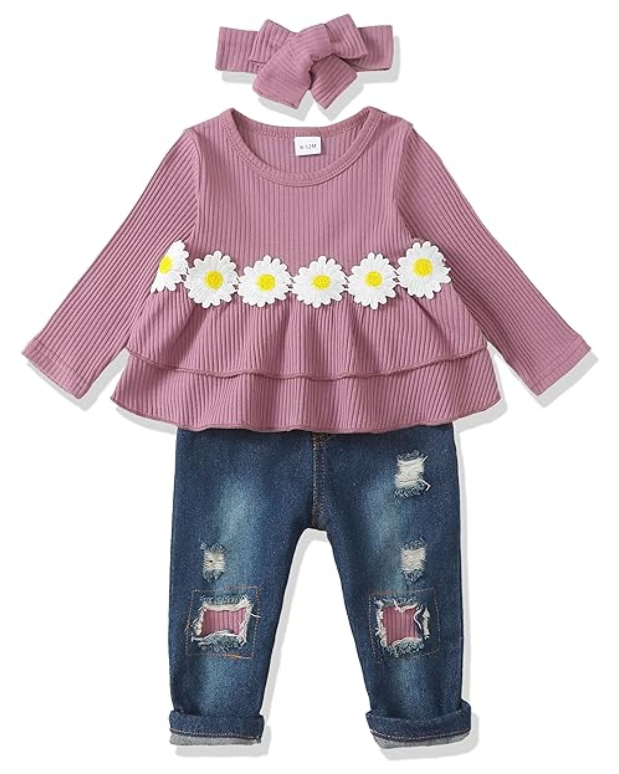 Toddler Winter Outfits for Girls Long Sleeve Ruffle Daisy Tops Denim ...
