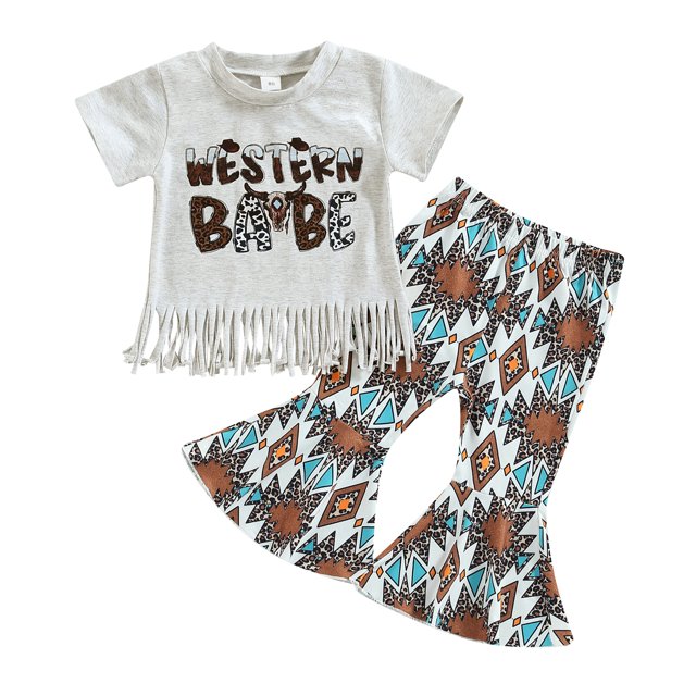 Baby Girl Clothes Cow Print Short Sleeve Tshirt Top and Bell Bottom Pants Toddler Fashion ...