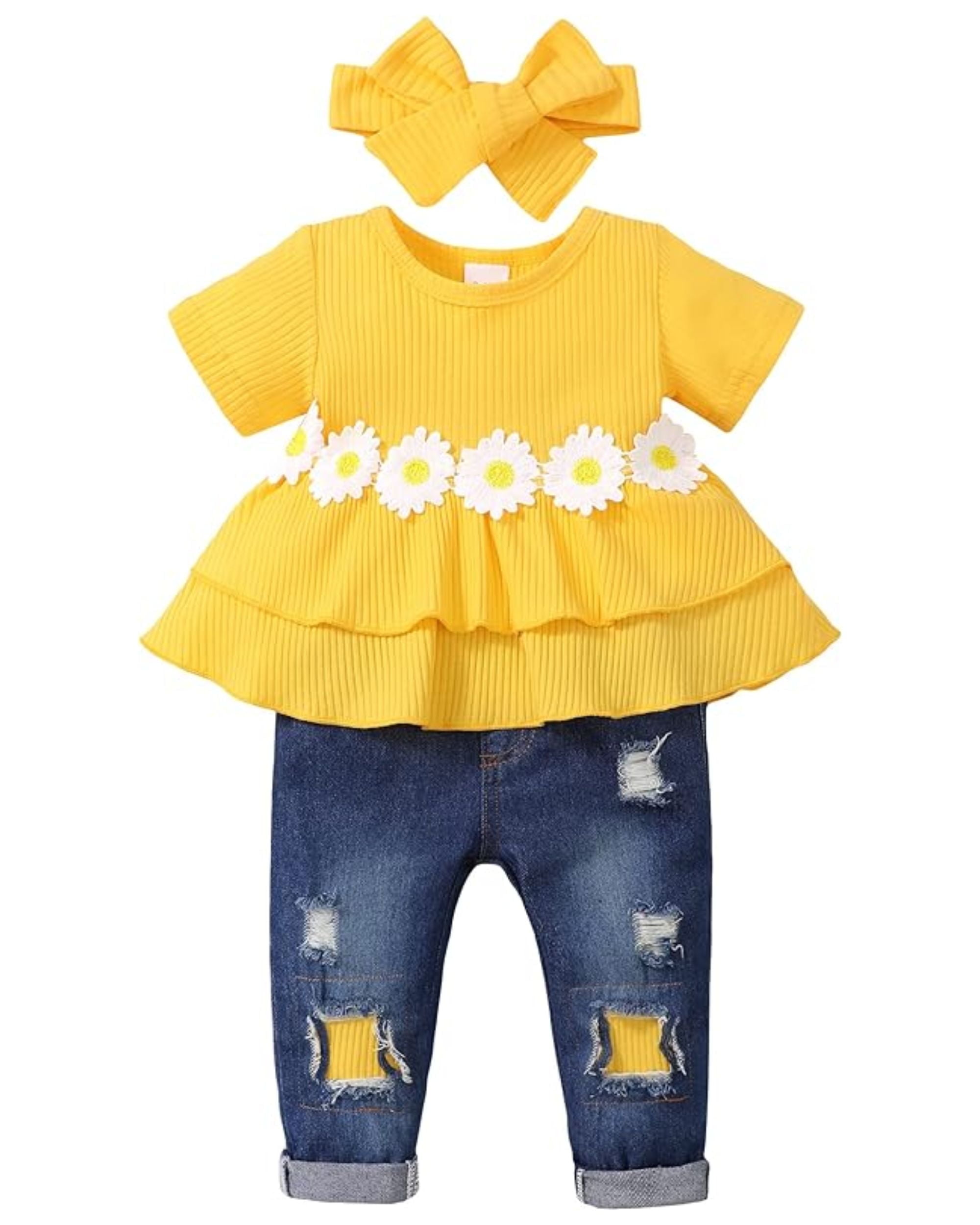 Baby Girl Clothes Floral Short Sleeve Yellow Daisy Ruffle Tops Ripped ...