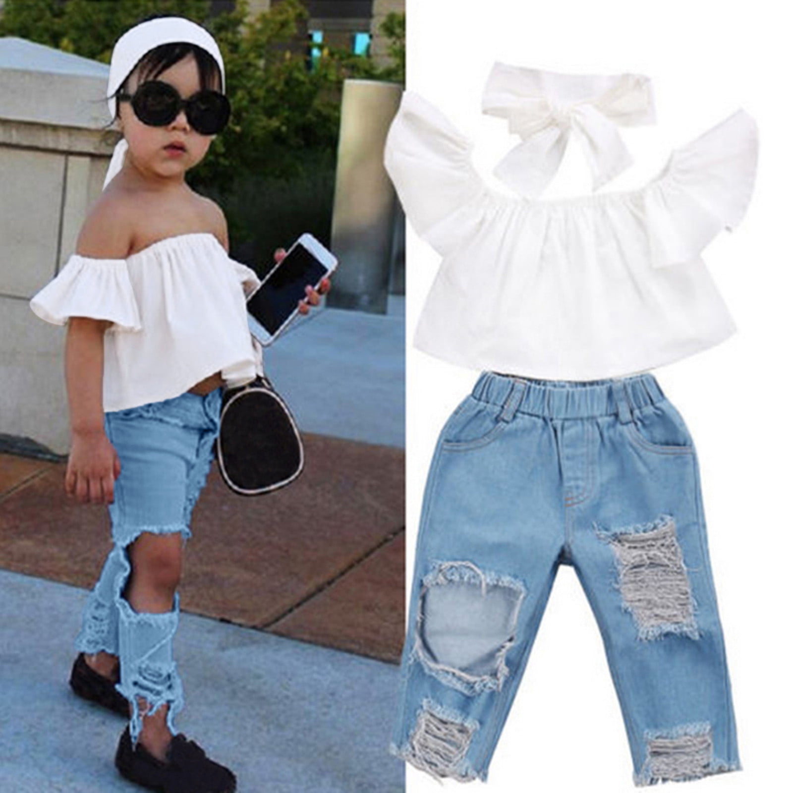 Baby Girl Clothes Off Shoulder Crop Top with Ripped Denim Jeans and ...