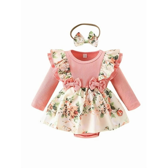 Baby Girl Clothes Ribbed Long Sleeve Faux-Two Flower Print Romper Dress ...