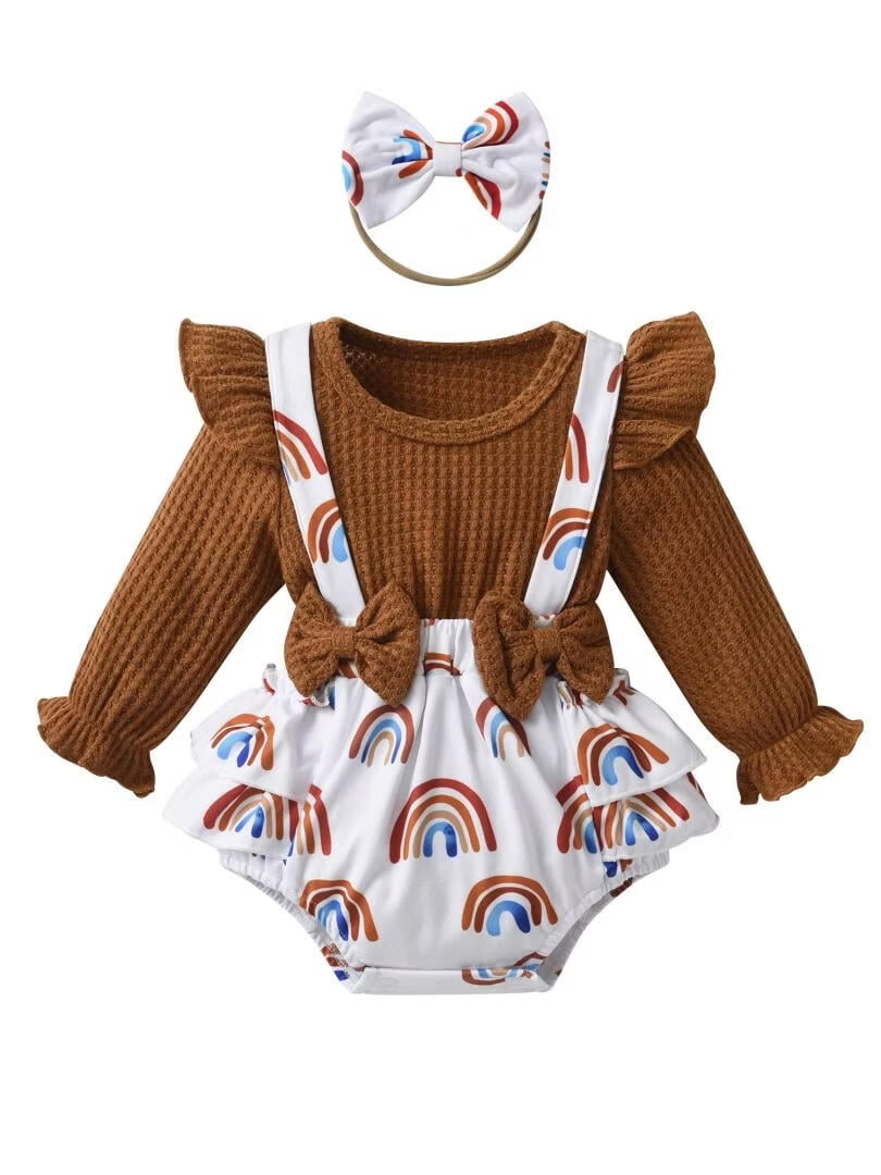 Baby Girl Clothes Ribbed Long Sleeve Faux-Two Rainbow Print Romper ...