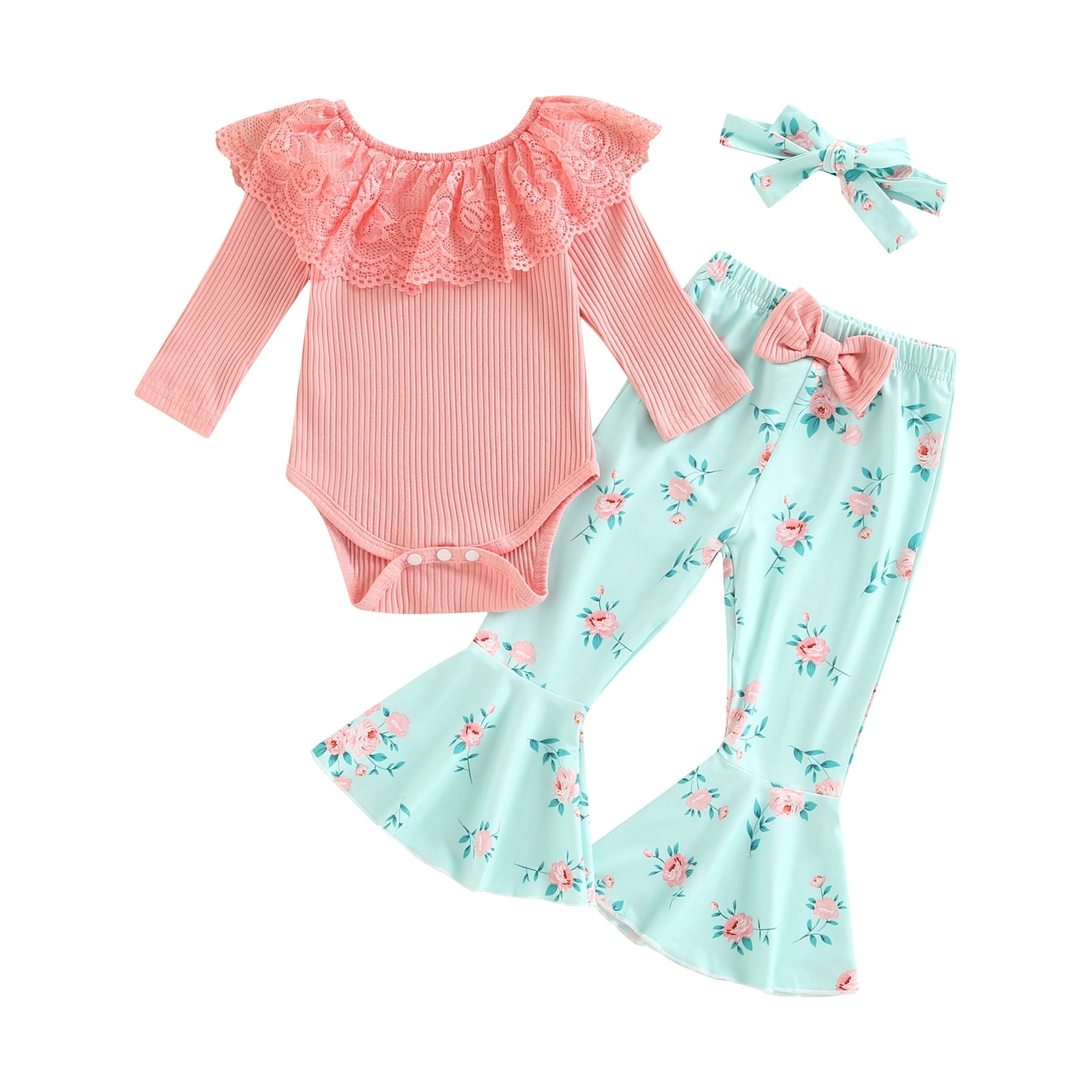 Baby Girl Clothes Ribbed Romper Set Ruffle Solid Top Floral Flare Long ...