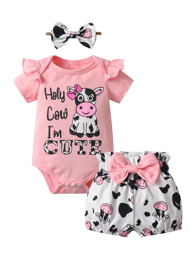 Baby Girl Clothes Ruffle Letter Cow Print Short Sleeve Romper + Shorts ...