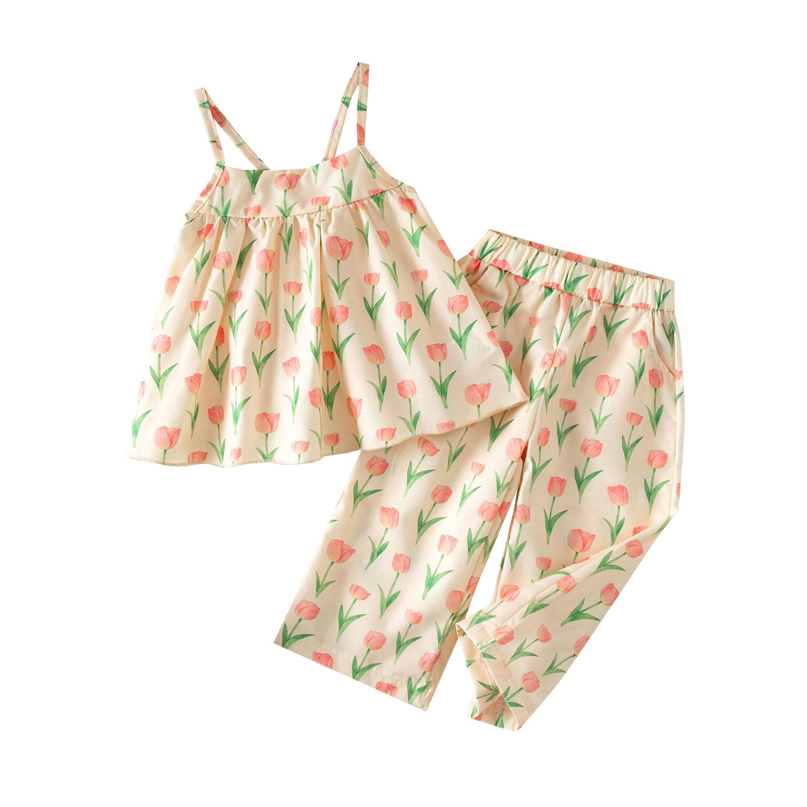 Baby Girl Comfortable And Breathable Set Tulip Print Camisole Top Pants ...