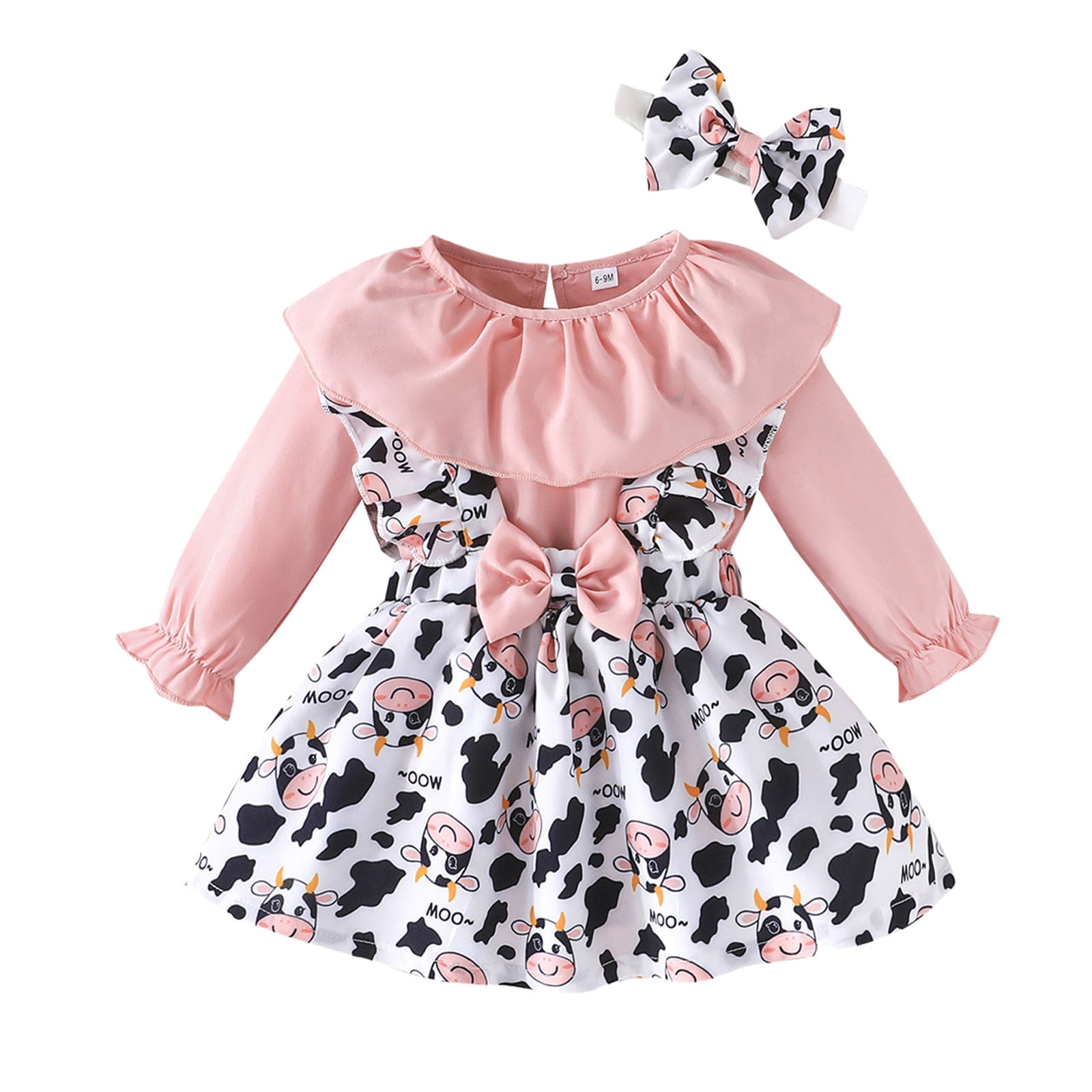 Baby Girl Cow Print Leaf Edge Bow Long Sleeved Romper Suspender Skirt Headband Three Piece Set ...