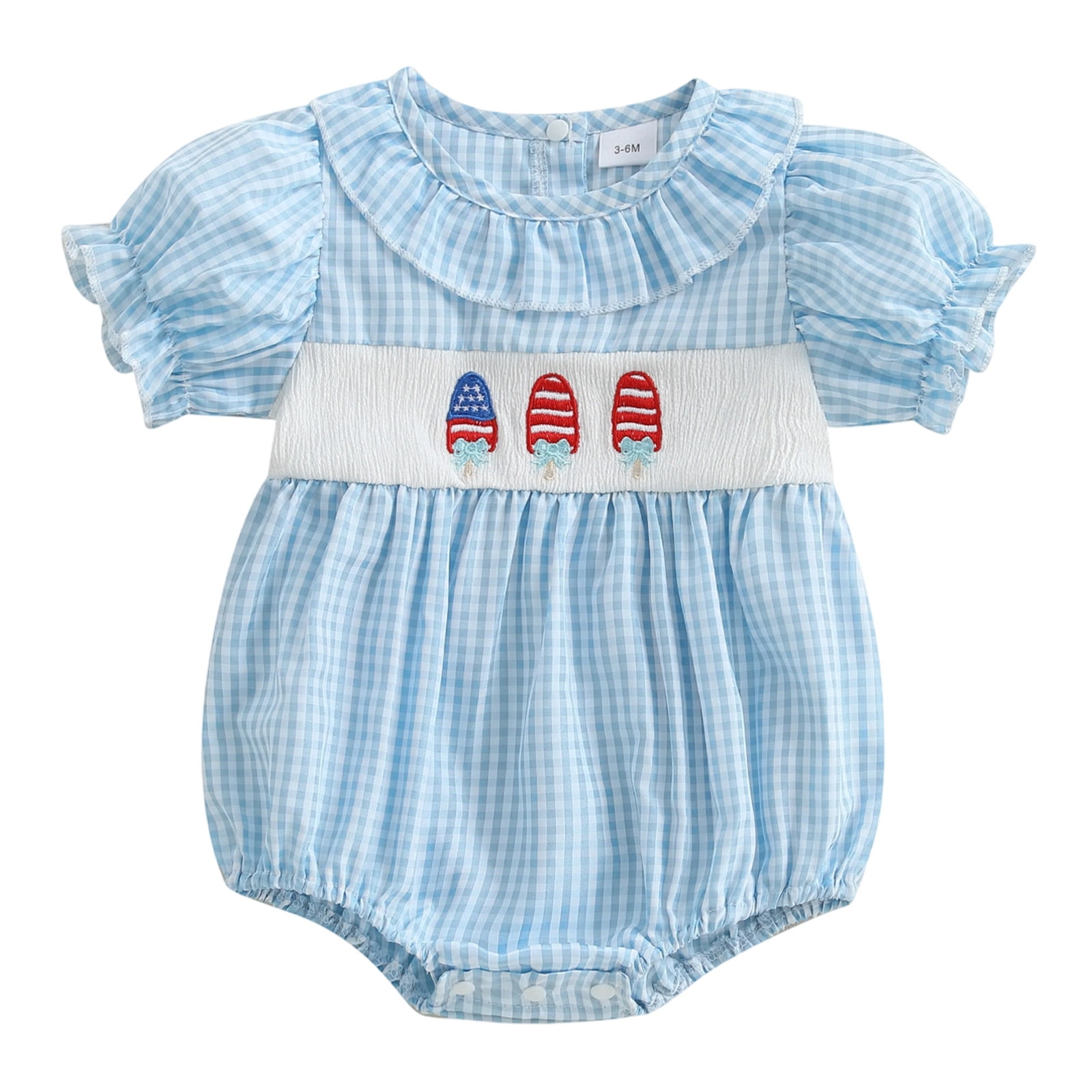 Baby Girl Cute Embroidery Smocked Bubble Romper Plaid Short Puff Sleeve ...