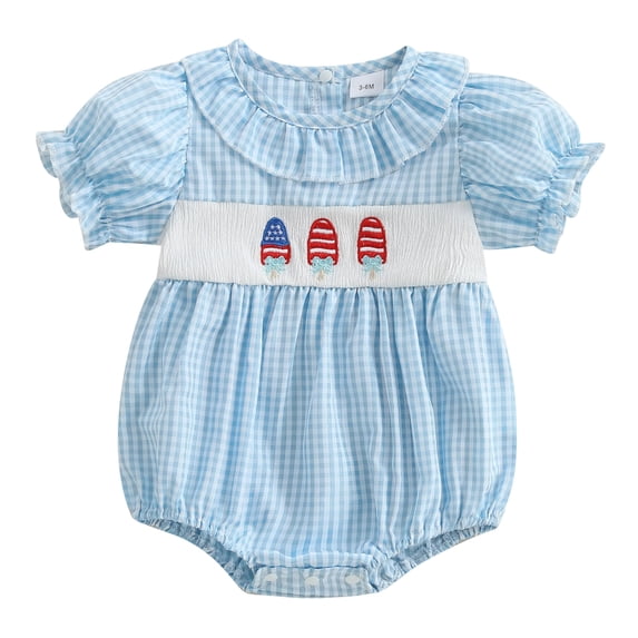 Baby Girl Cute Embroidery Smocked Bubble Romper Plaid Short Puff Sleeve ...