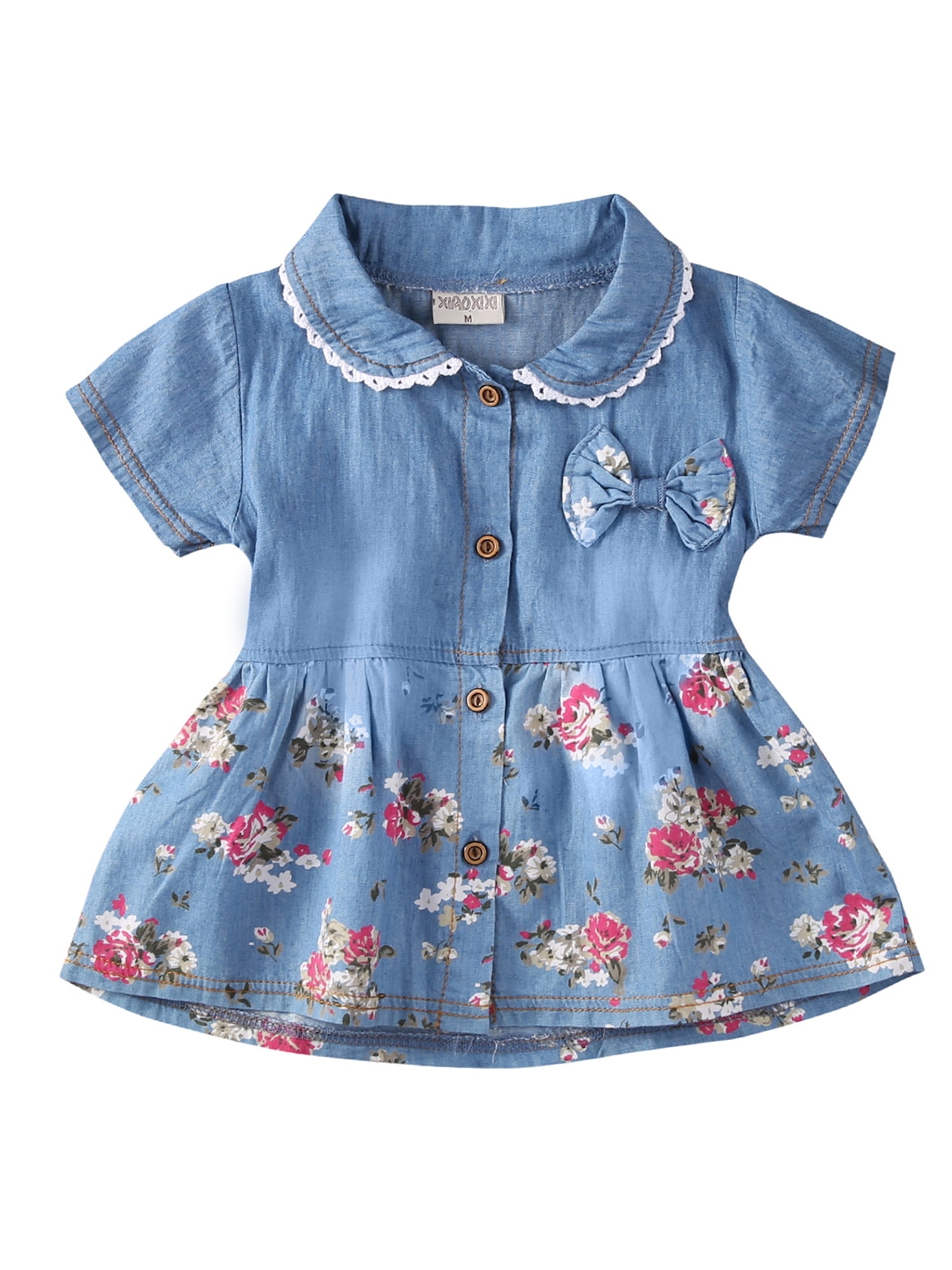 Baby Girl Denim Dress Short Sleeve Floral Print Dress Bowknot Summer ...
