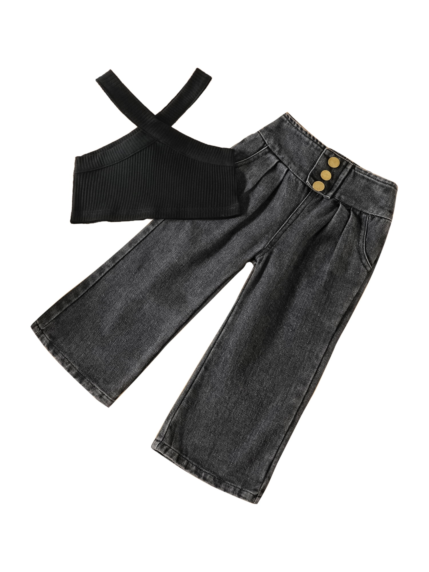 Baby Girl Denim Pants Set Sleeveless Ribbed Halter Off Shoulder Crop ...