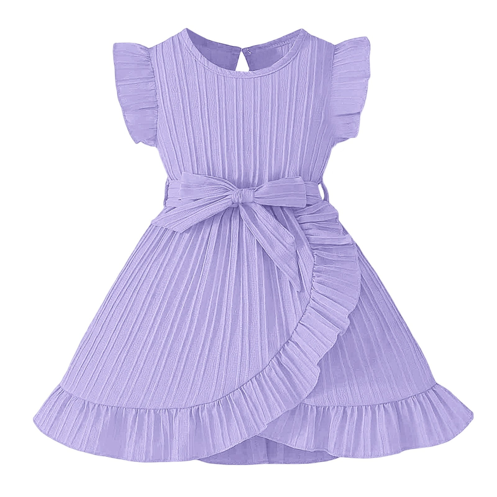 Baby Girl Dress Summer Flutter Sleeve Ruffled Hem Solid Waist Belt ...