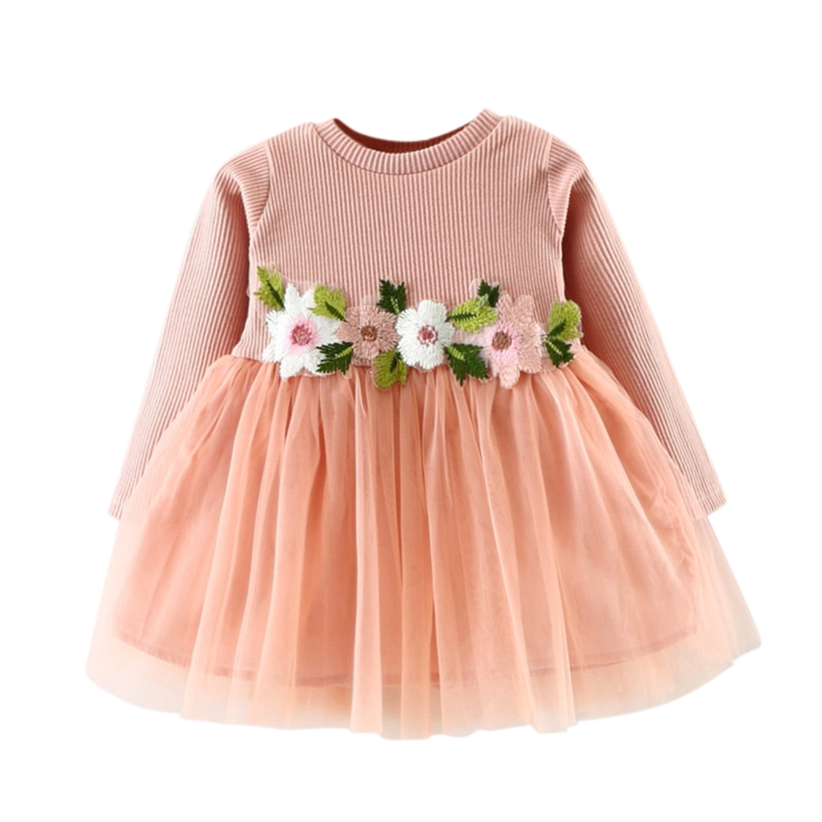 Baby Girl Dresses Floral Ribbed Long Sleeve Mesh Embroidered Tulle Ball ...