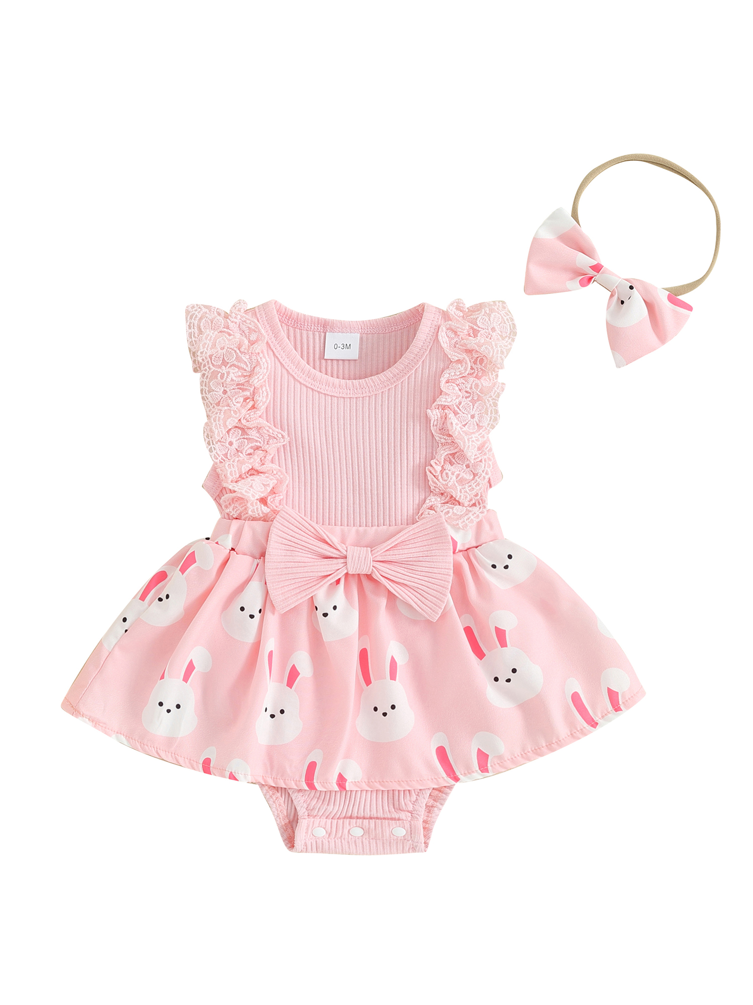 Baby Girl Easter Outfits Floral Bunny Print Romper Dress and Headband Lace Ruffle Sleeveless ...