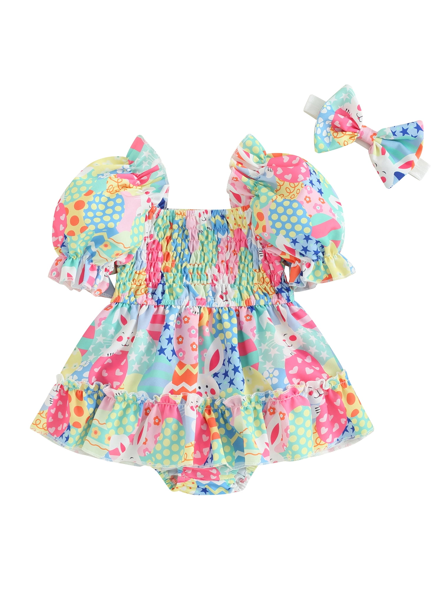 Baby Girl Easter Romper Dress Vintage Bunny Floral Print Bubble Onesie ...