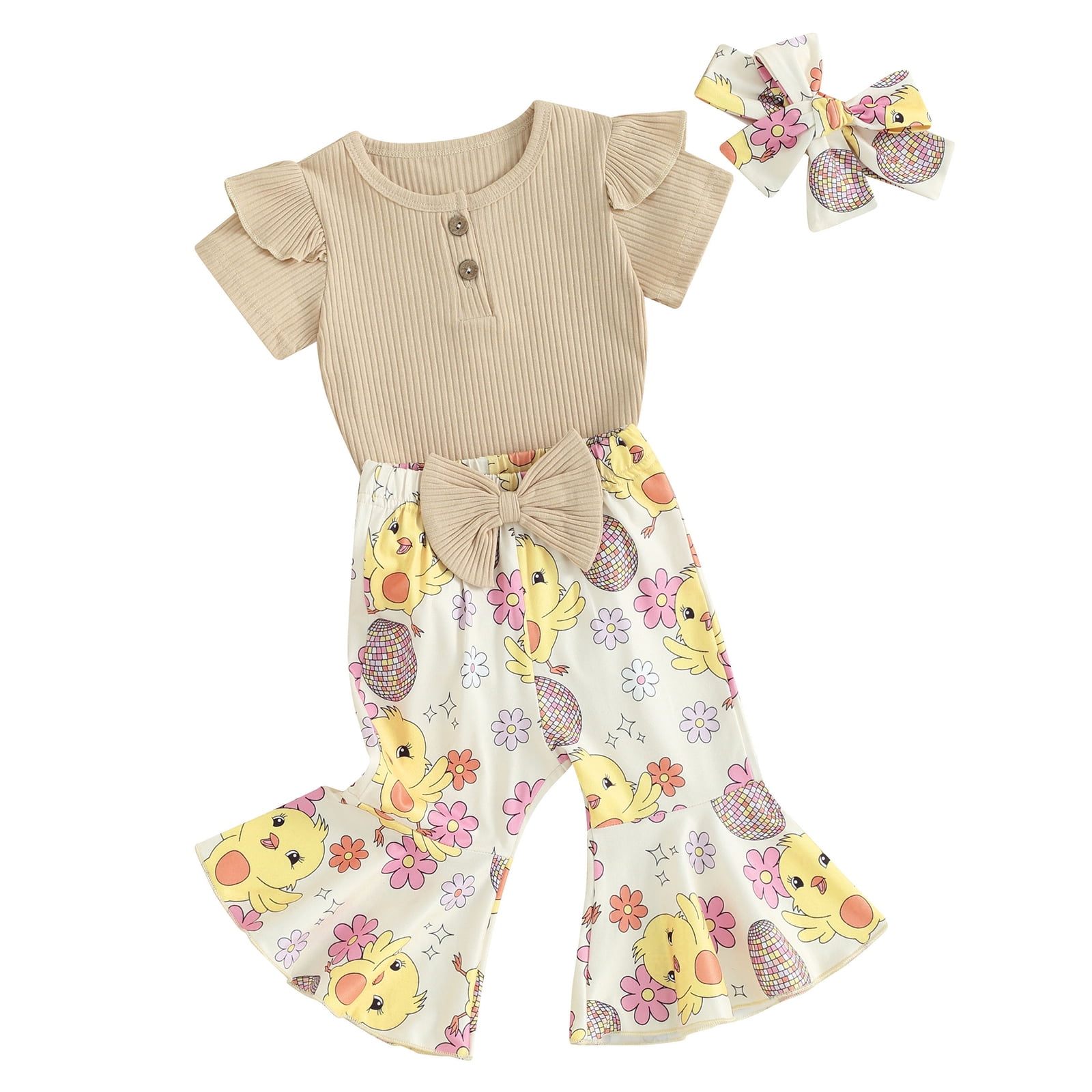 Baby Girl Easter Set, Short Sleeve Ribbed Romper + Elastic Waist Flare ...