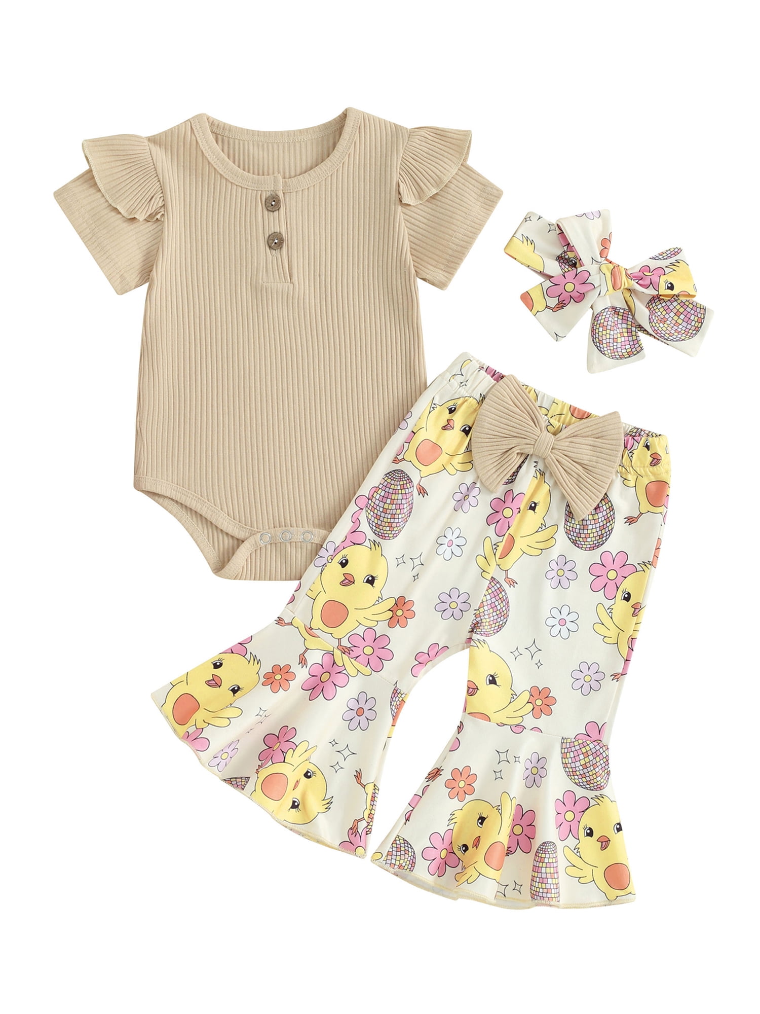 Baby Girl Easter Set Short Sleeve Ribbed Romper + Elastic Waist Flare ...