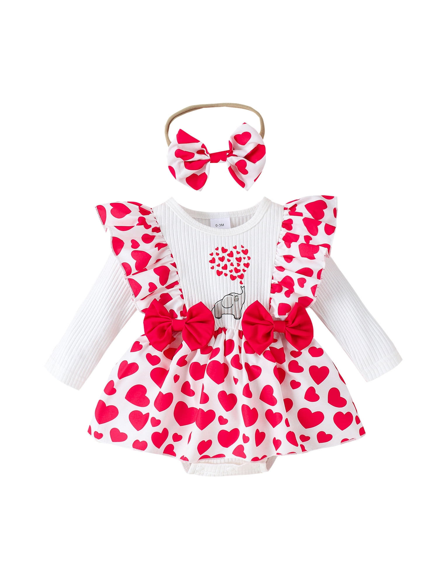 Baby Girl Elephant Love Heart Print Romper Dress Long Sleeve Ruffle Onesie Valentine's Day ...