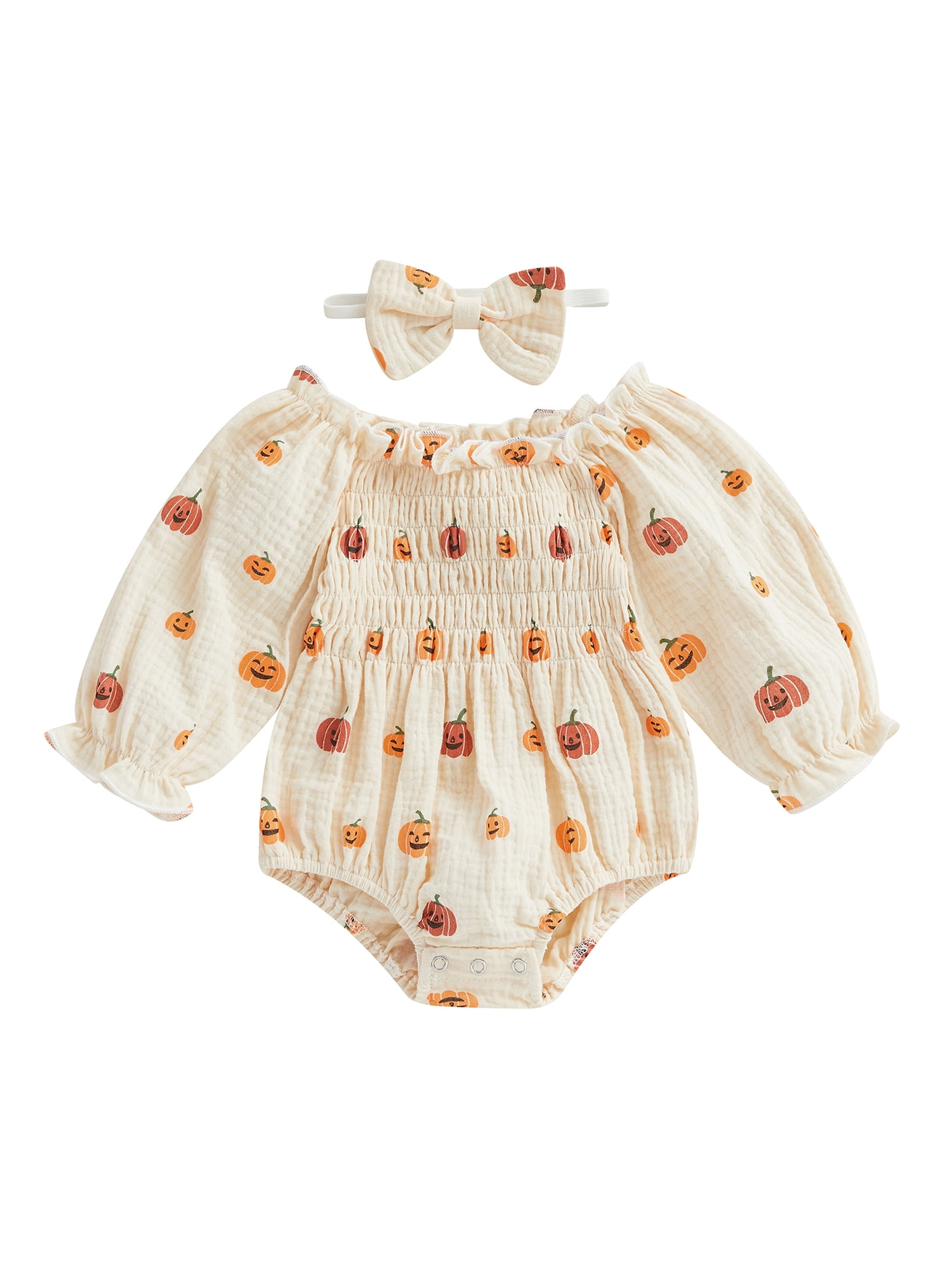 Baby Girl Fall Clothes Pumpkin Long Sleeve Bubble Romper Ruffle Bodysuit Halloween Outfit with ...