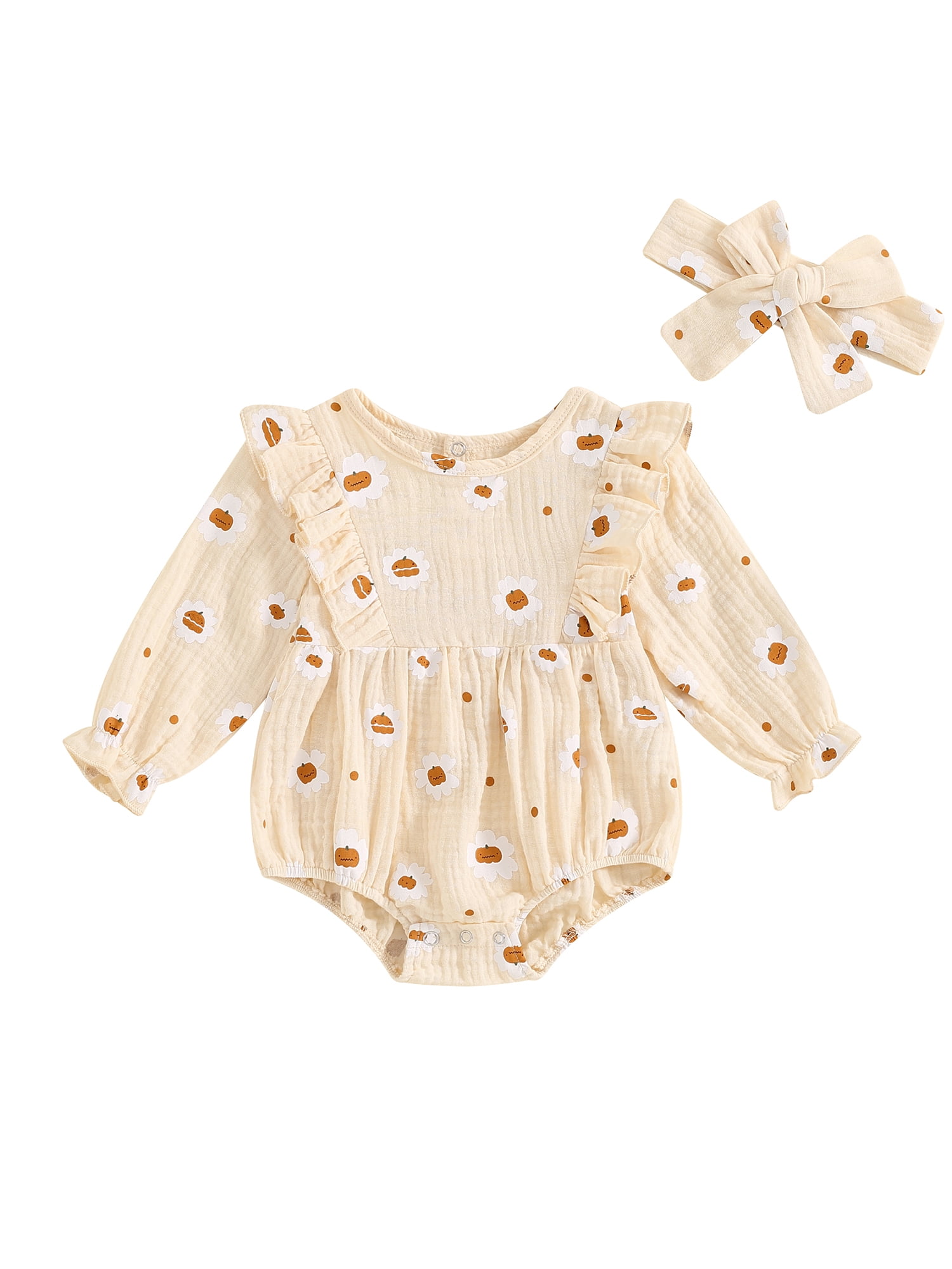 Baby Girl Fall Clothes Pumpkin Long Sleeve Bubble Romper Ruffle Bodysuit Halloween Outfit with ...