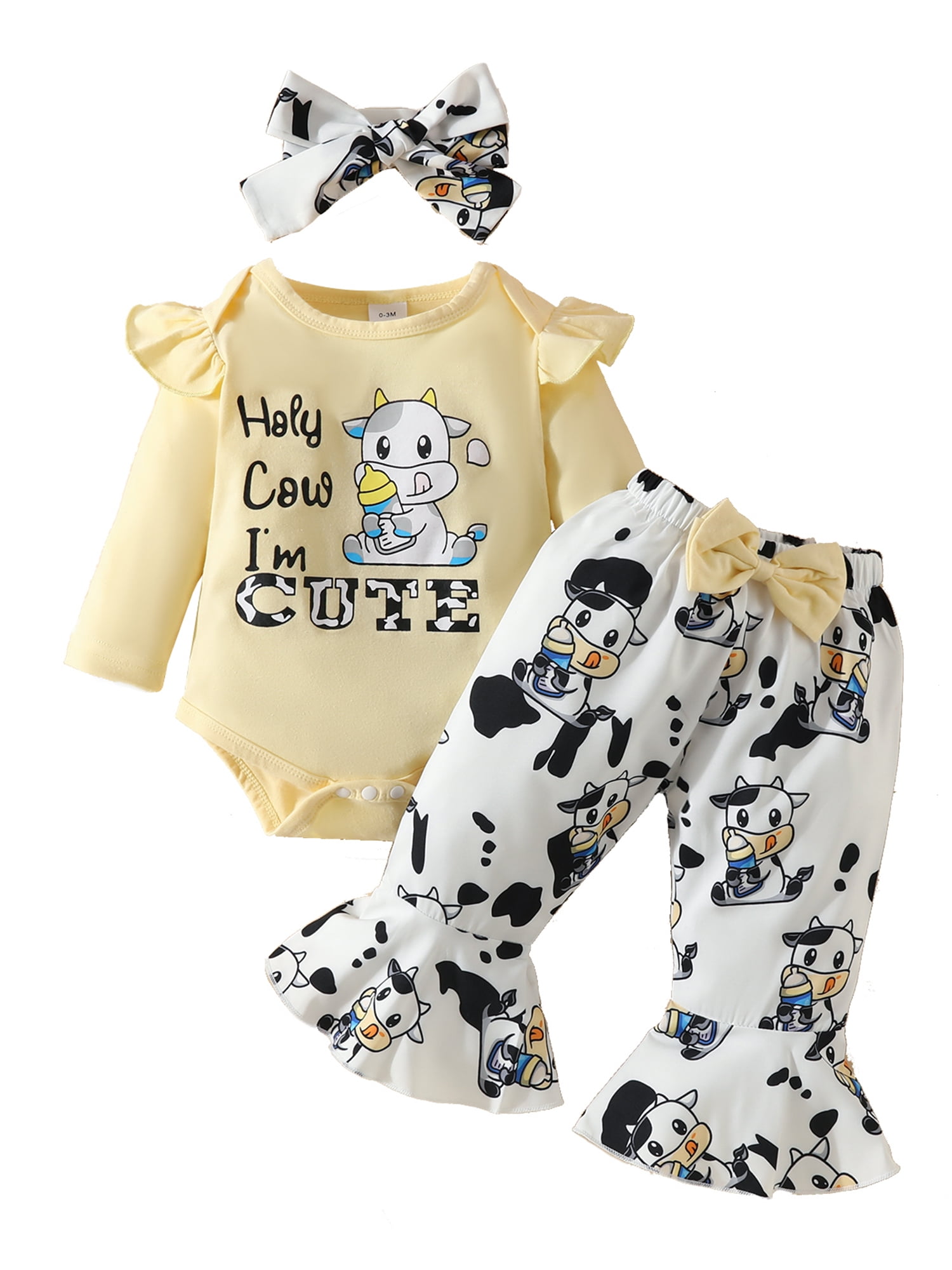 Baby Girl Fall Outfit Long Sleeve Cow Print Romper with Flare Pants ...