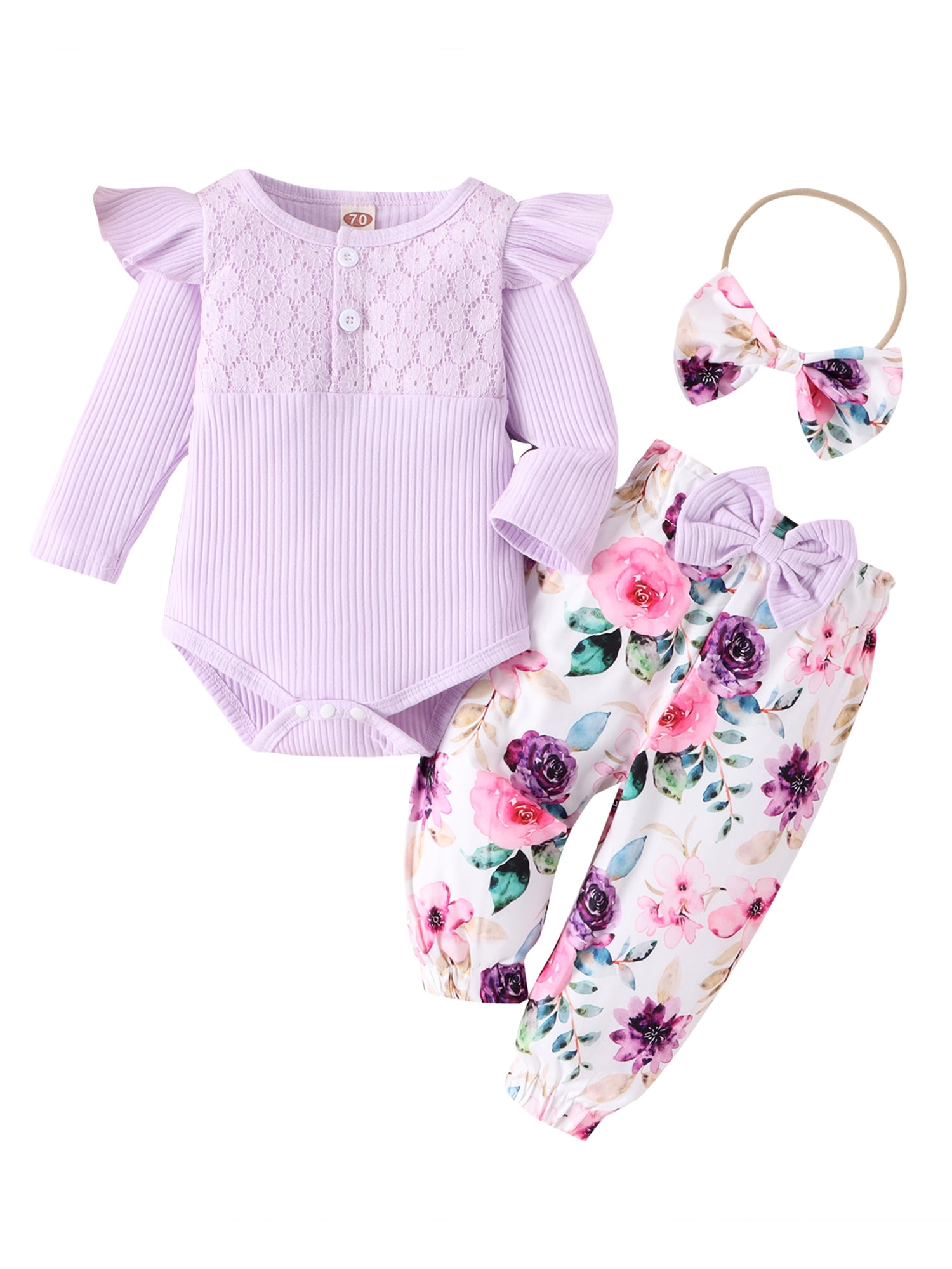 Baby Girl Fall Outfits Floral Lace Rib Knit Long Sleeve Rompers Flower ...