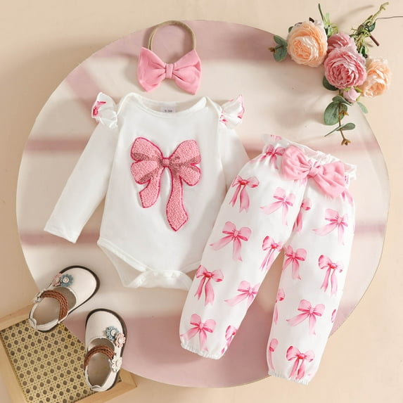 Baby Girl Fall Outfits Bowknot Outfits Embroider Romper Bodysuit Pants ...