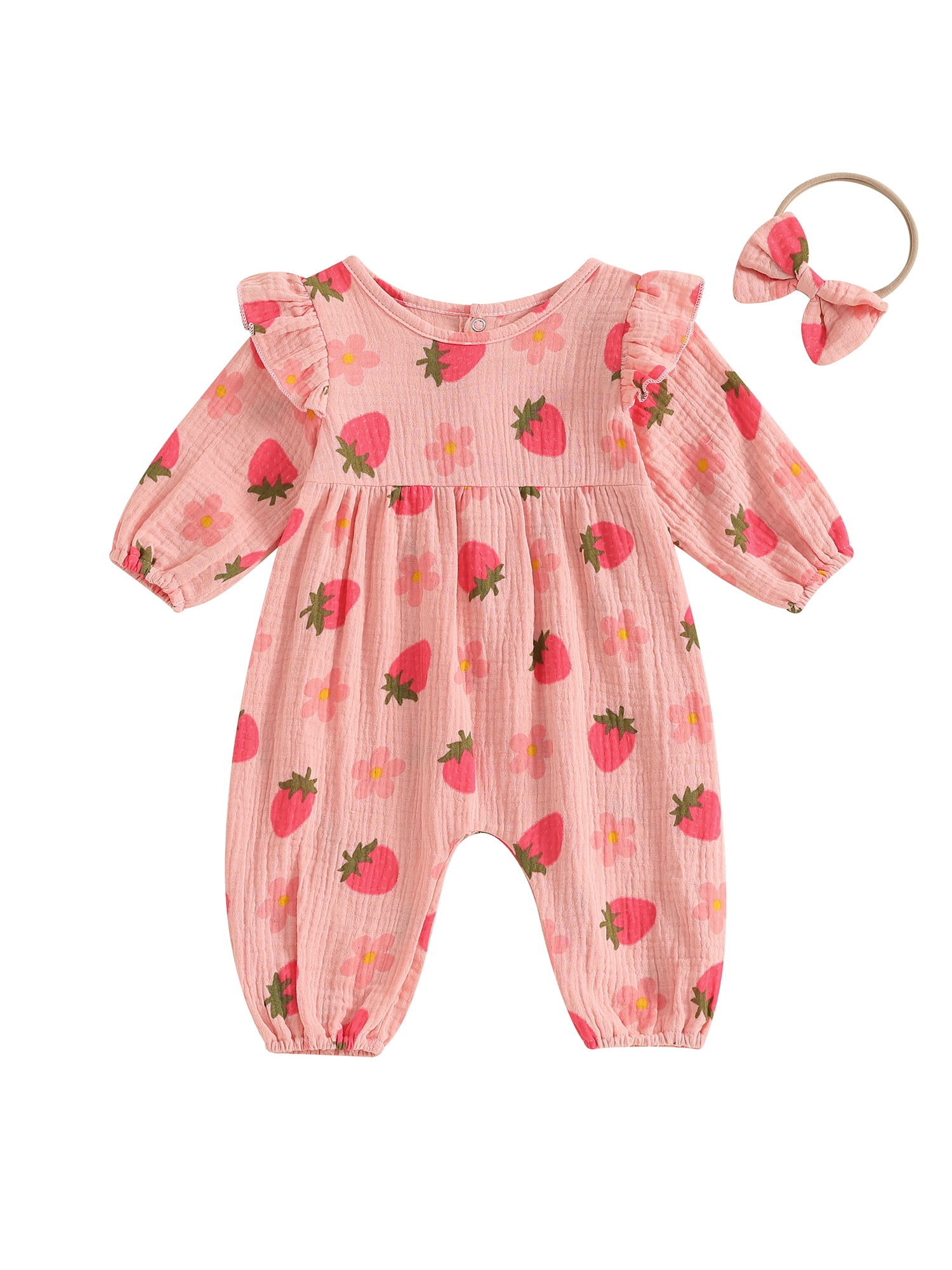 Baby Girl Fall Romper Floral/Strawberry Print Ruffled Long Sleeve Crew ...