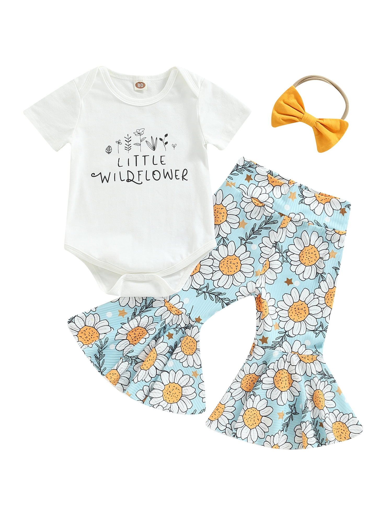 AIGUR Infant Baby Girls Floral Bell Bottoms Cotton Outfit Little Wildflower Romper Short Sleeve ...