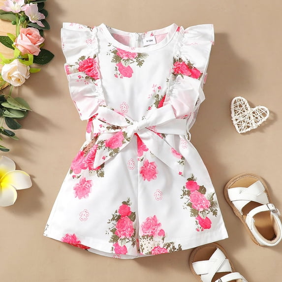 Baby Girl Floral Print Romper Ruffle Sleeve Jumpsuit with Waist Bow ...