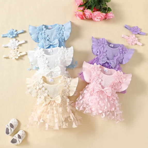 Baby Girl Floral Tutu Romper Dress 3D Flower & Bow Outfit with Headband ...