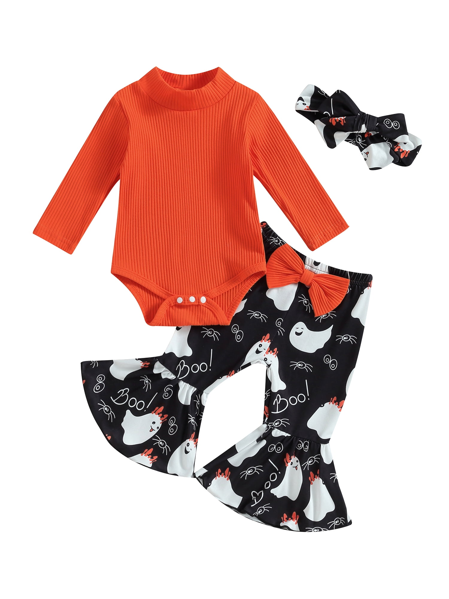Baby Girl Halloween Bell Bottoms Outfit Long Sleeve Ribbed Romper Ghost ...