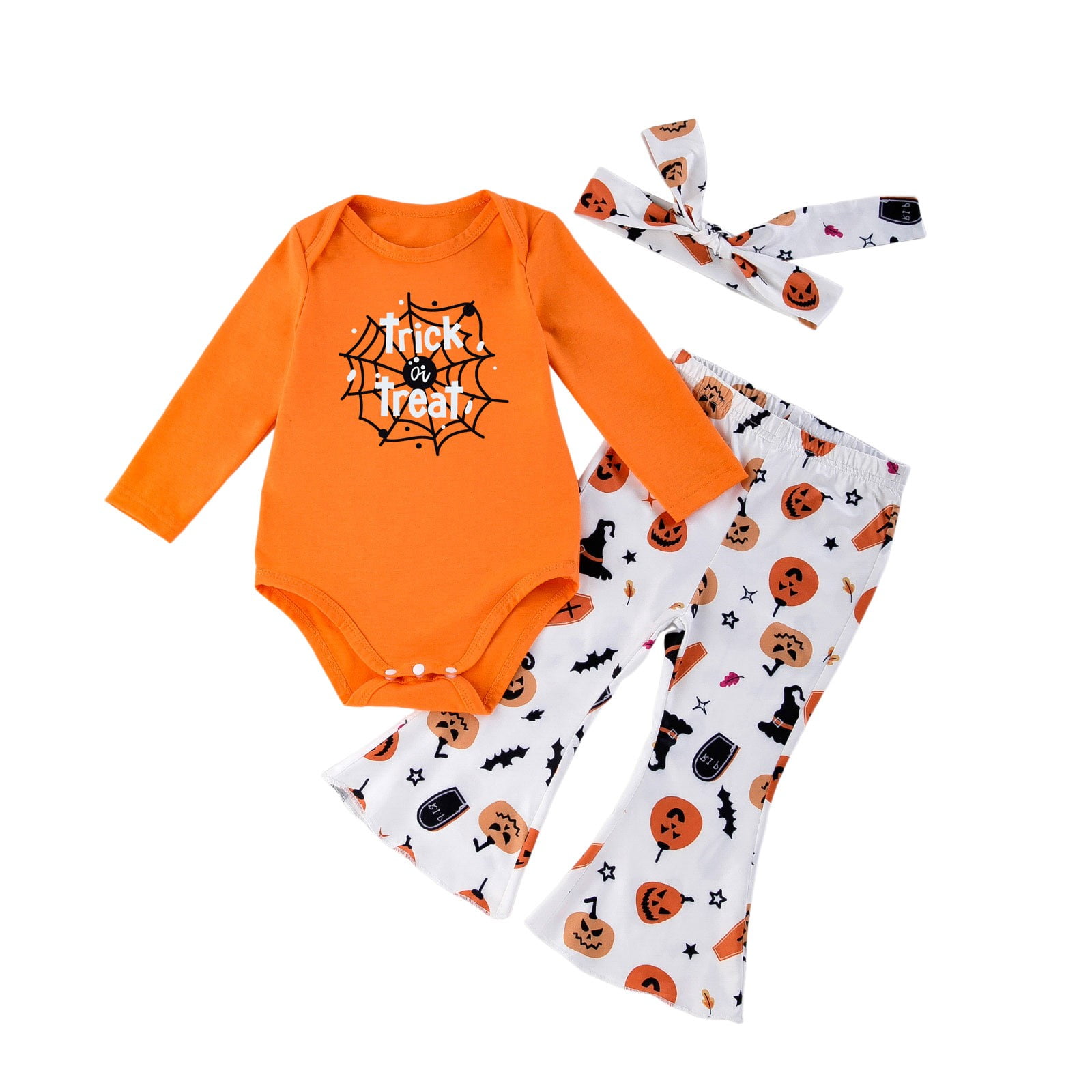Baby Girl Halloween Outfit Cute Pumpkin Print Long Sleeve Romper Flare Pants Headband Clothing ...