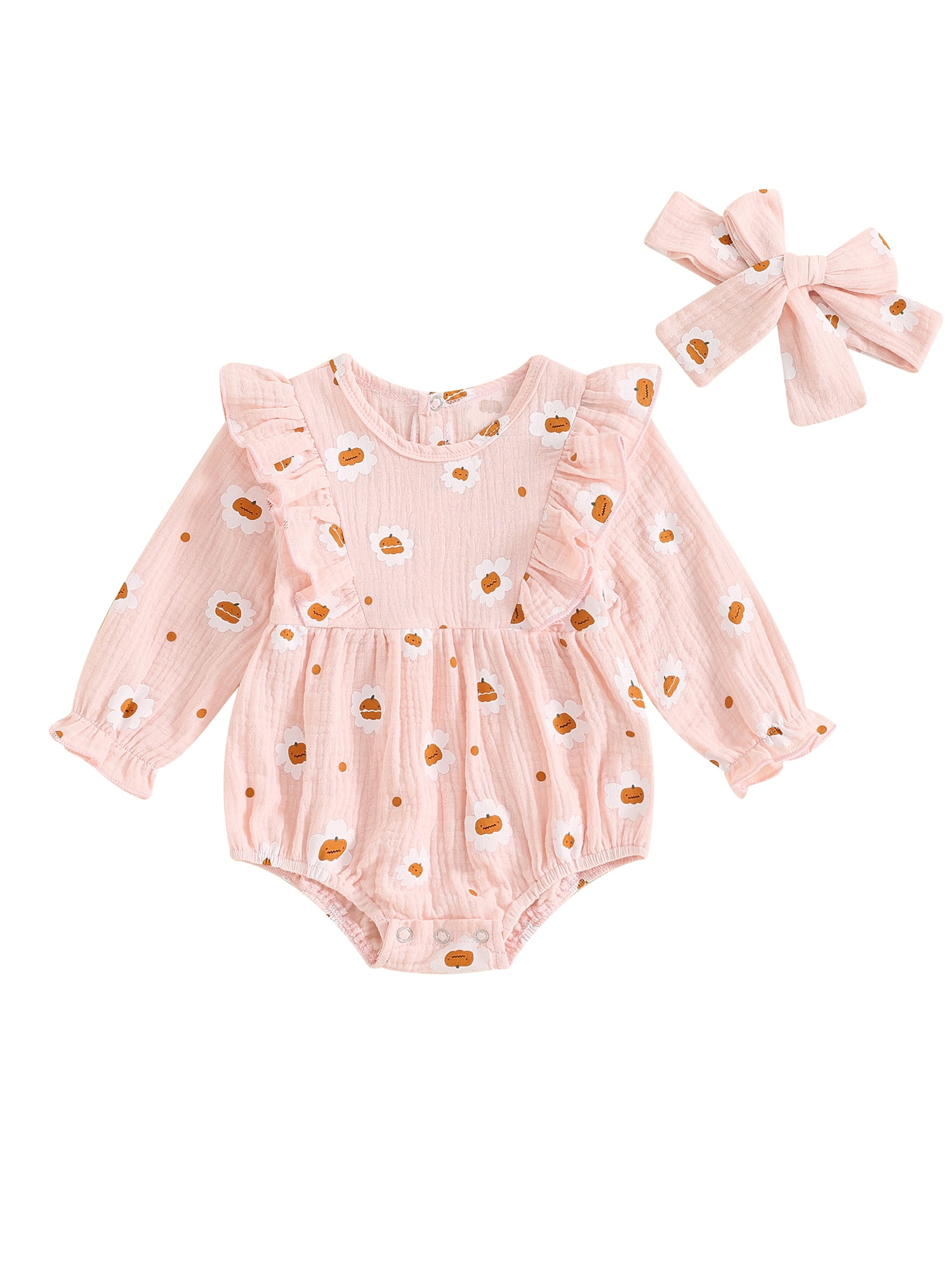 Baby Girl Halloween Outfit Cute Pumpkin Ruched Romper Ruffle Long Sleeve Smocked Bodysuit with ...