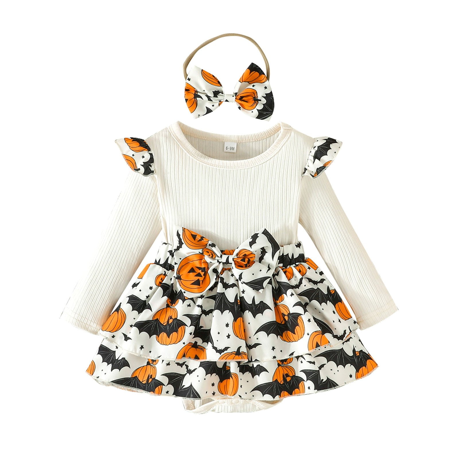 Baby Girl Halloween Outfit Ruffle Sleeve Pumpkin Print Romper Onesie Skirt with Headband Outfit ...
