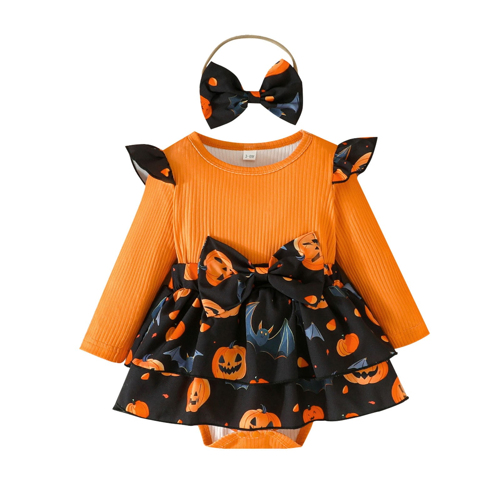 Baby Girl Halloween Outfit Ruffle Sleeve Pumpkin Print Romper Onesie Skirt with Headband Outfit ...