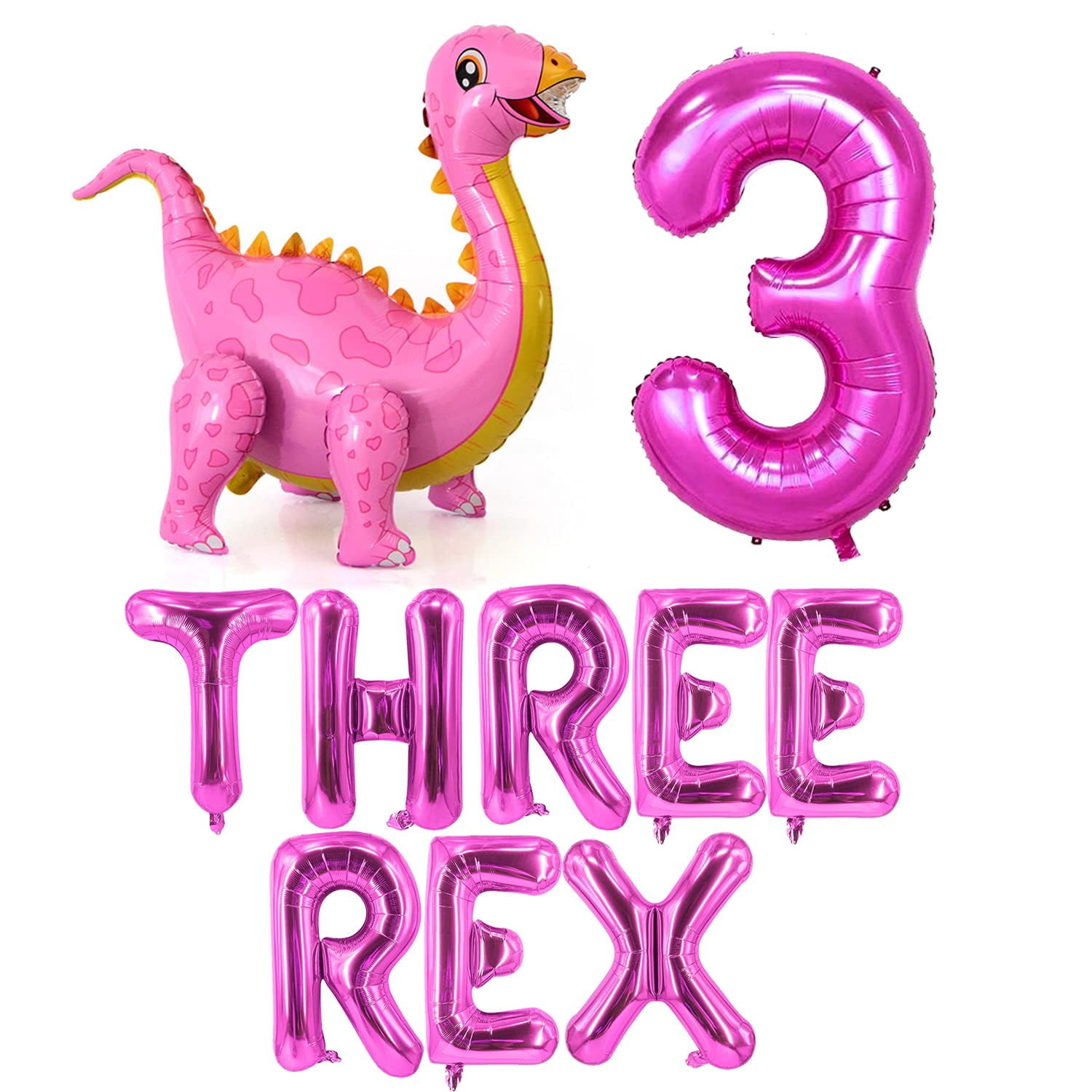 Baby Girl Hot Pink Dinosaur Themed AIS1 Balloons Three Rex Birthday 4D ...