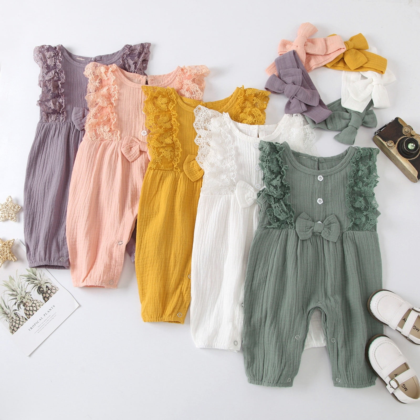 Baby Girl Lace Romper Sleeveless Outfit with Bow Ruffled Trim Playsuit ...