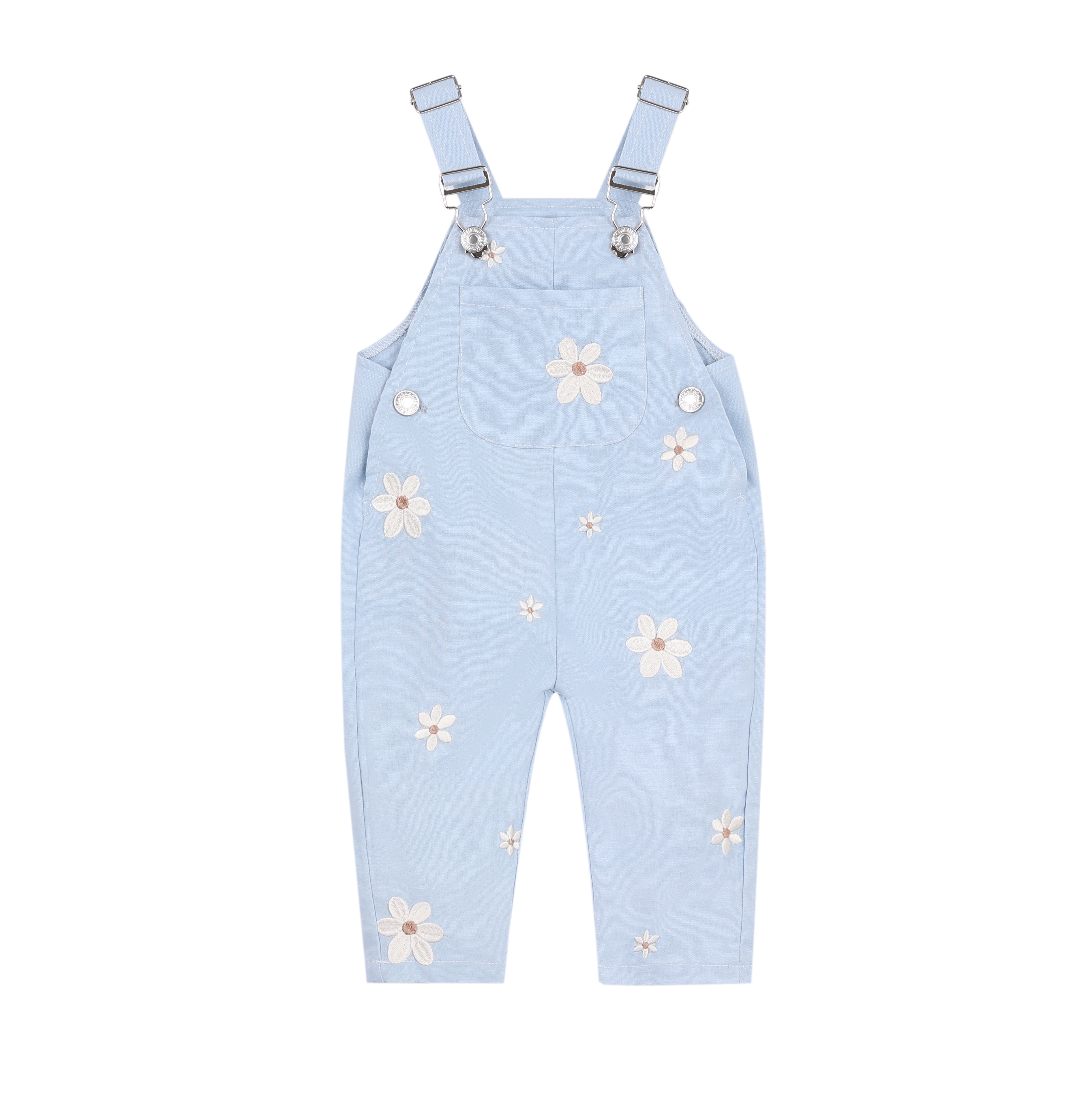 Baby Girl Light Blue Overalls with White Daisy Embroidery, Adjustable ...