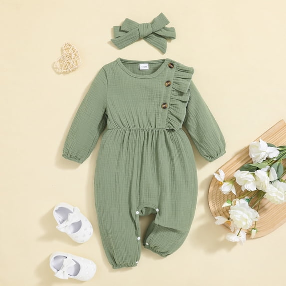 Baby Girl Muslin Romper Set 2-Piece Outfit with Matching Bow Headband ...