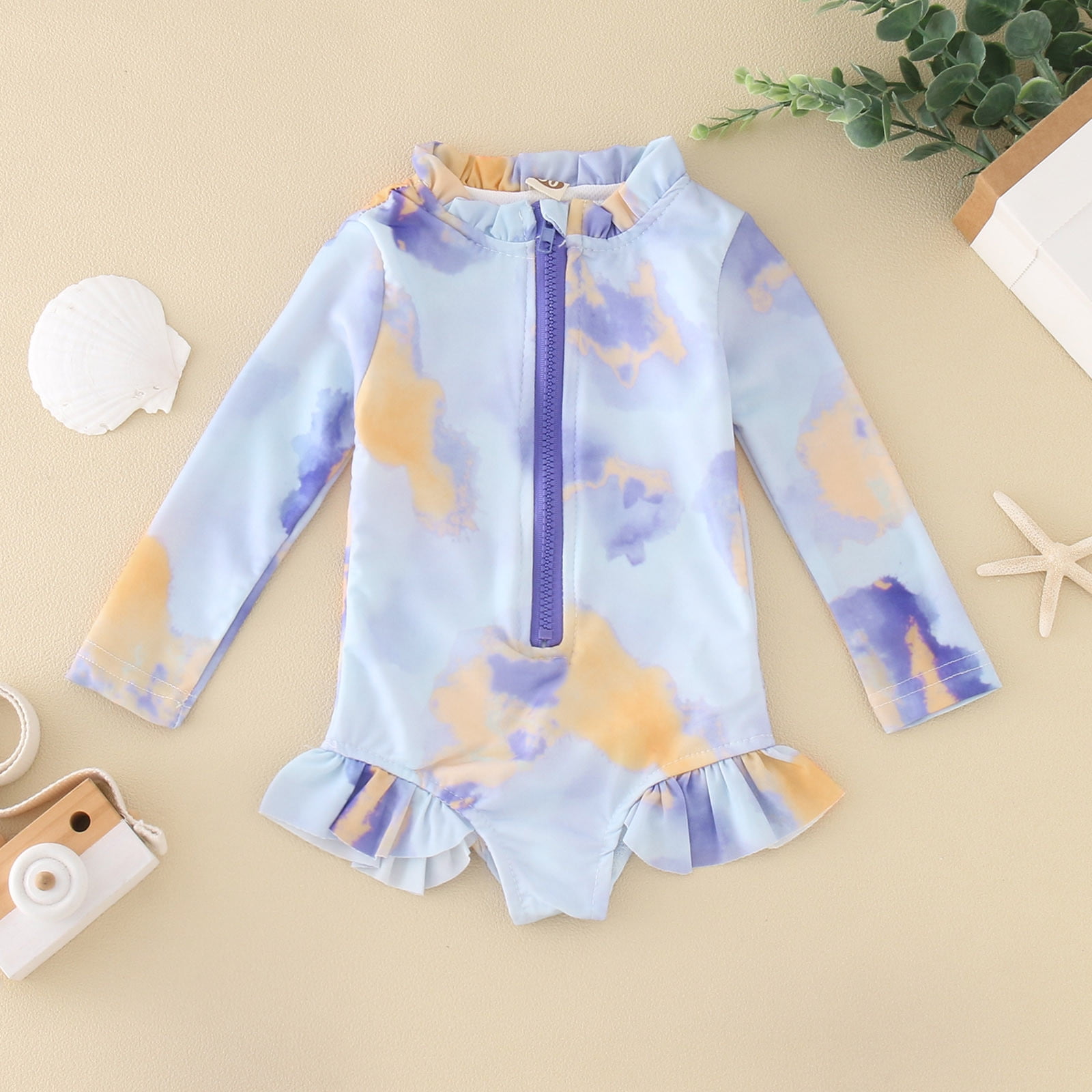 Baby Girl One Piece Swimsuit Rash Guard Swimsuit Long Sleeve Floral Print Baby Ruffles Swimwear ...
