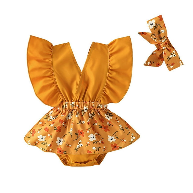 Baby Girl Onesies Baby Girls Ruffles Fly Sleeve Floral Print Backless Bodysuit Headbands Set ...