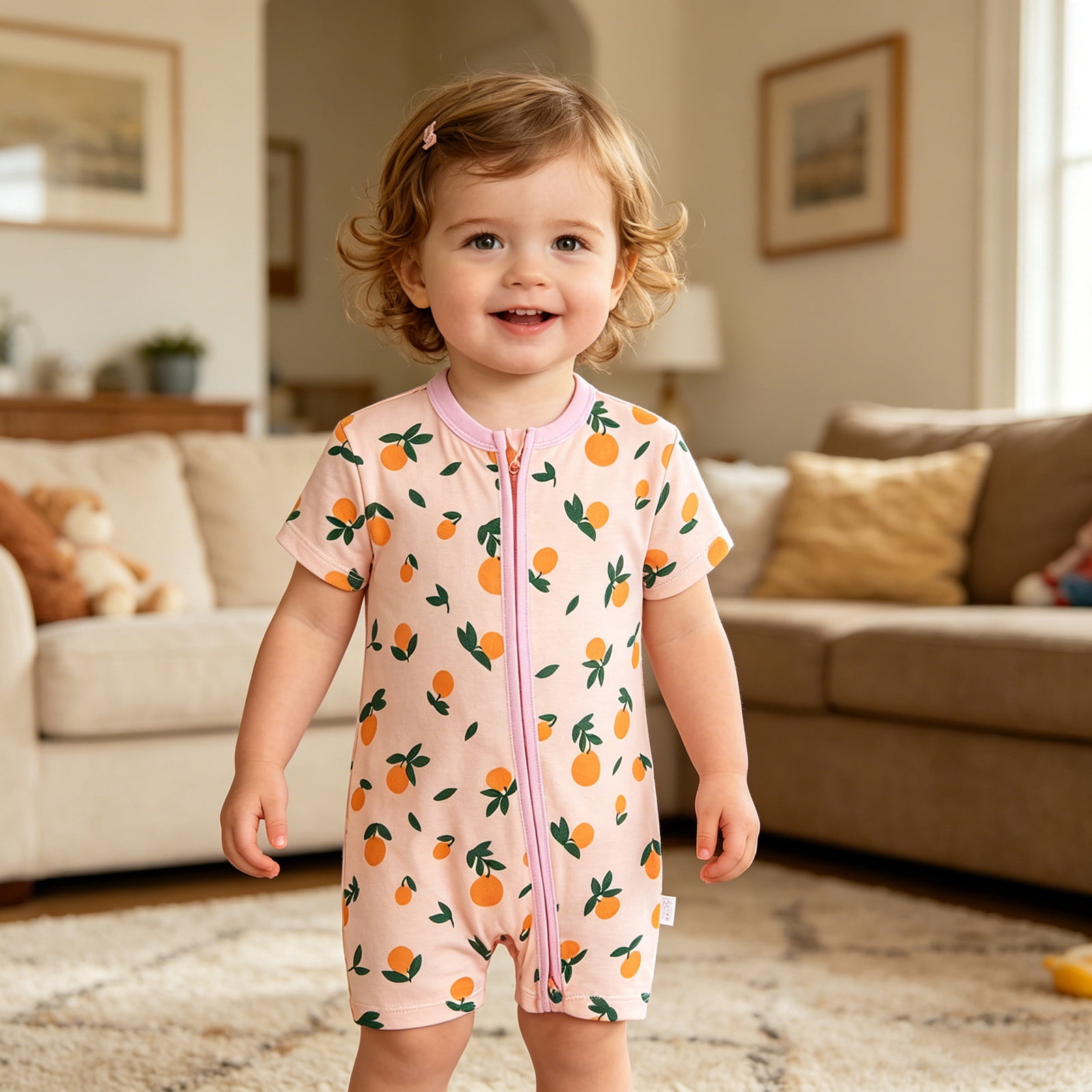 Baby Girl Orange Print Romper Short Sleeve Zip-Up Jumpsuit Cute Fruit ...