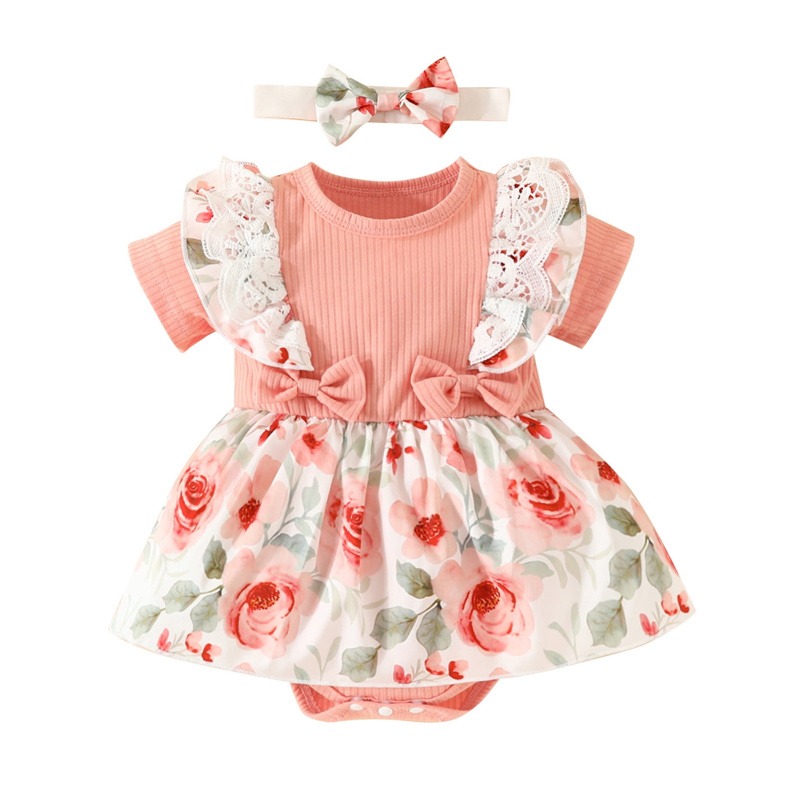 Baby Girl Outfit Clothing Girls Short Sleeve Floral Print Rompers Ribbed Bodysuits Dress ...
