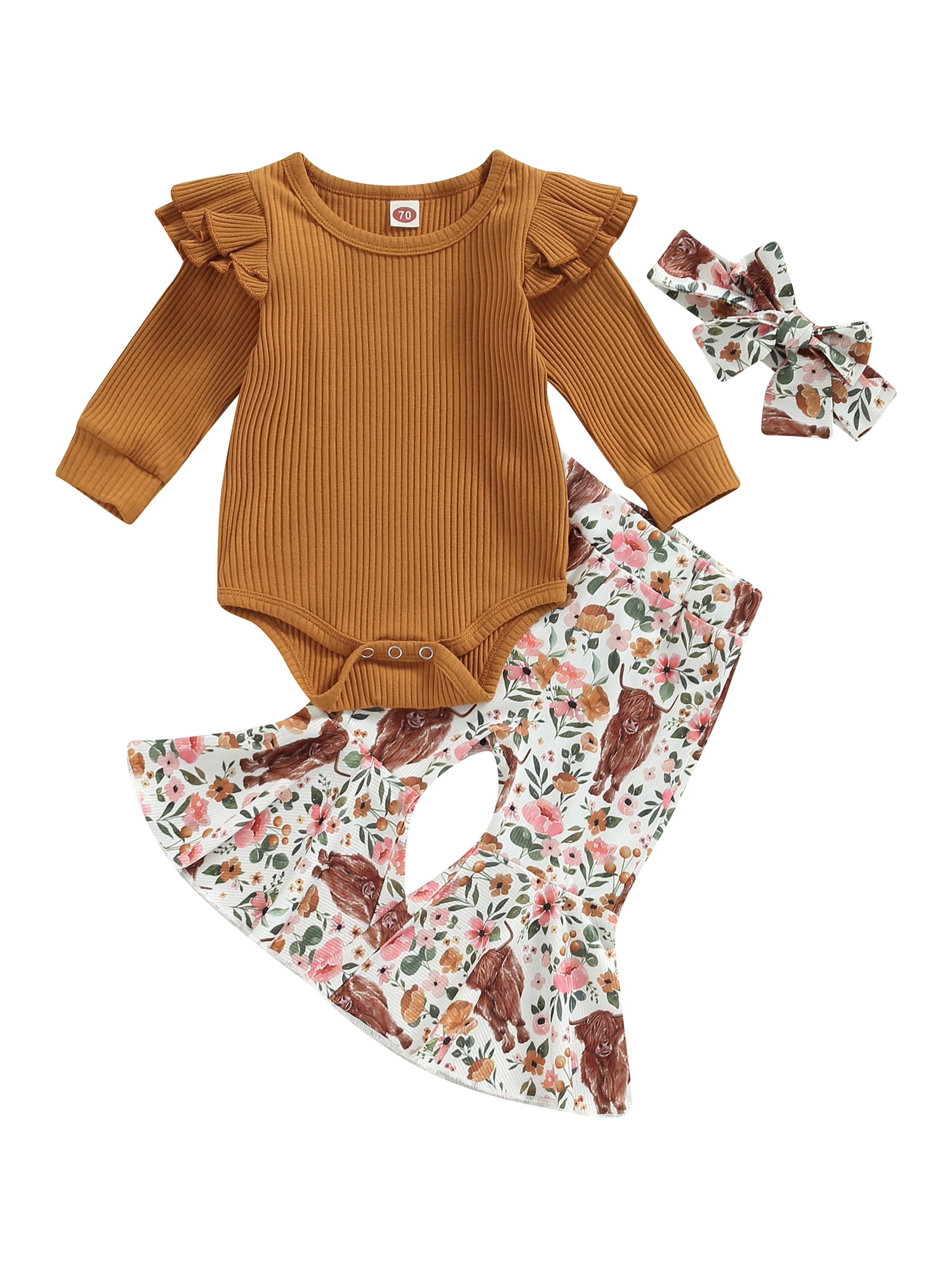 Baby Girl Outfit Infant Rib Ruffle Long Sleeve Romper Onesie Top Bell ...