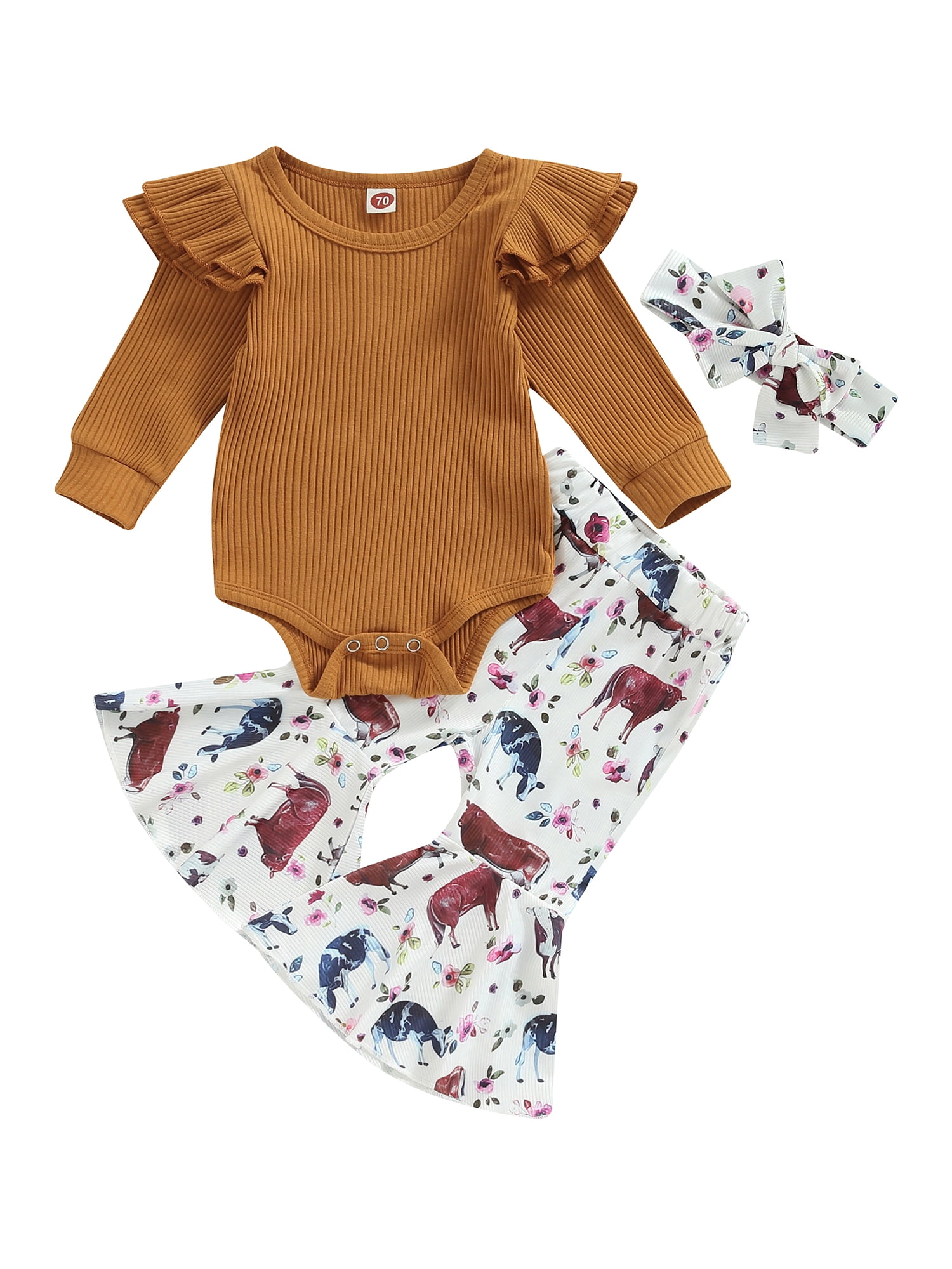 Baby Girl Outfit Infant Rib Ruffle Long Sleeve Romper Onesie Top Bell-Bottom Pants Sets Cute ...