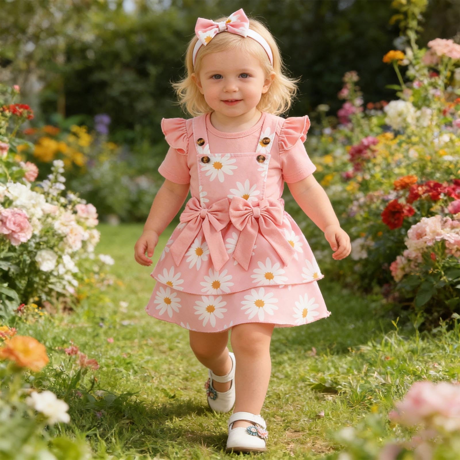 Baby Girl Outfit Short Sleeve Romper with Floral Suspenders Skirt and ...