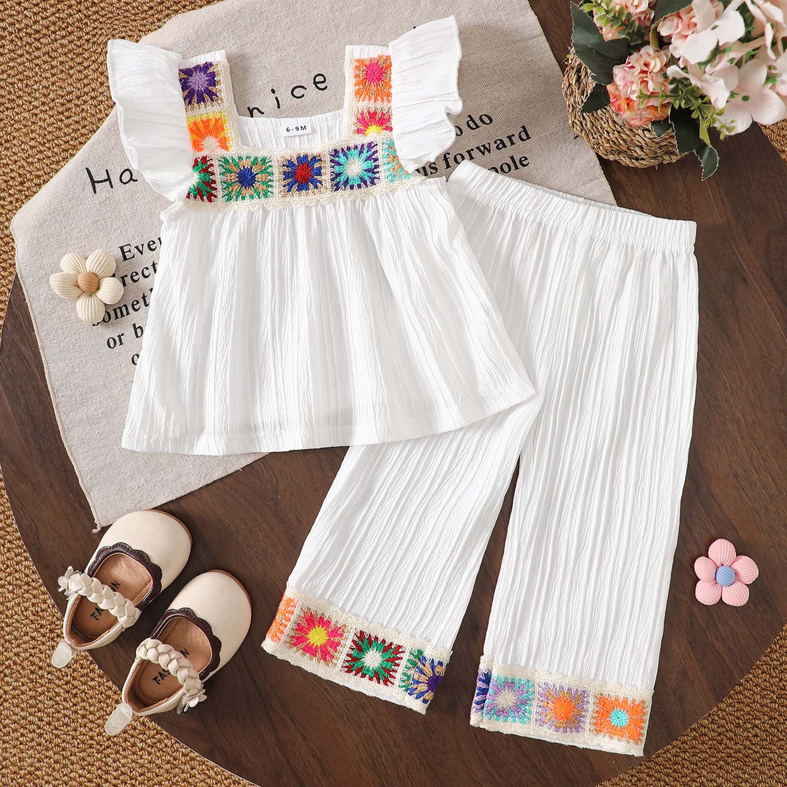 Baby Girl Outfits 2 Piece Square Neck Cartoon Print Sleeveless Ruffle ...