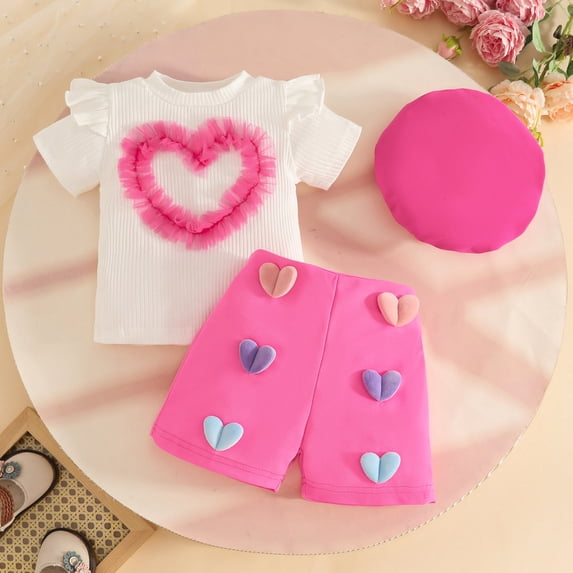Baby Girl Outfits 3 Piece Heart Print Crew Neck Short Sleeve Romper ...