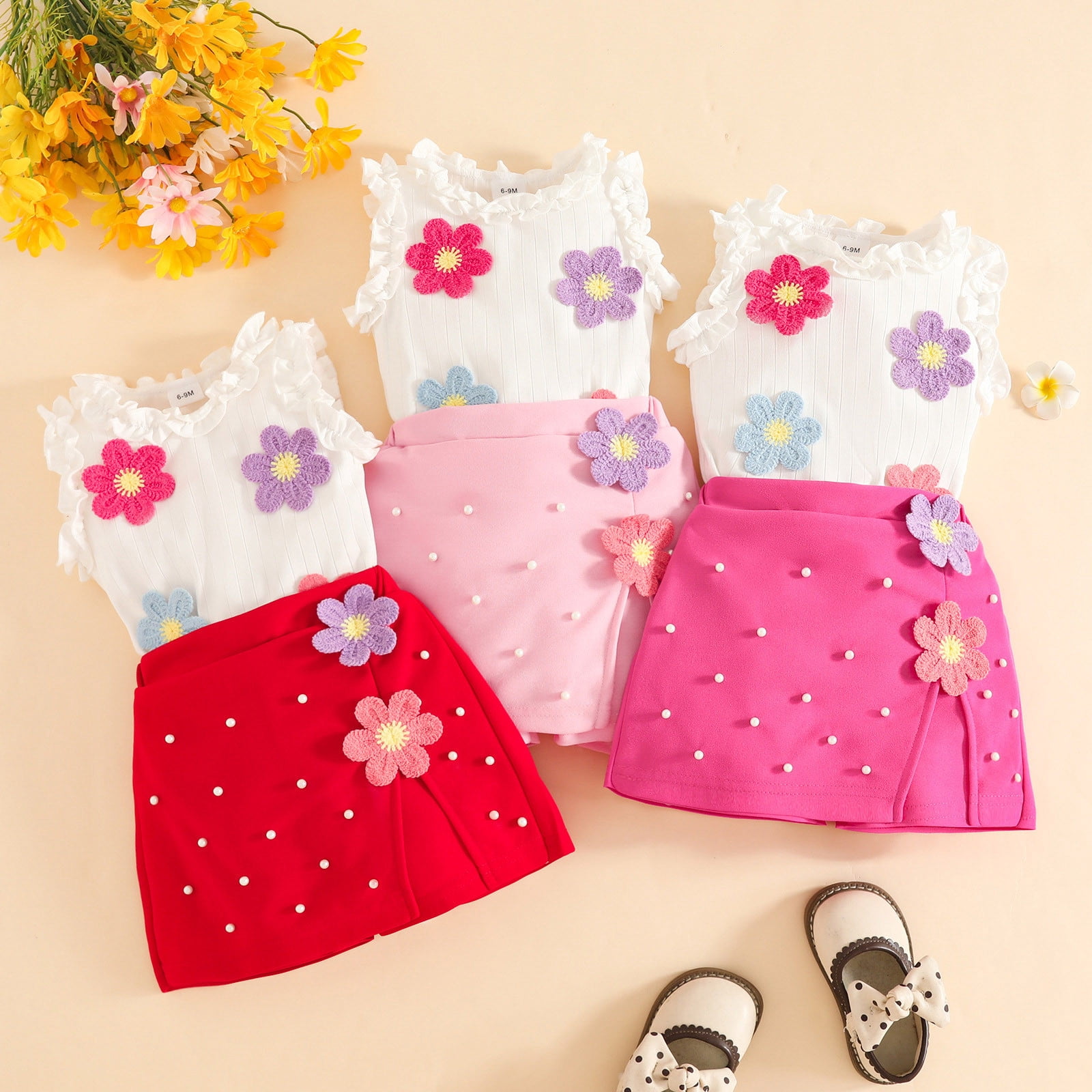 Baby Girl Outfits Crew Neck Floral Print Sleeveless Ruffle Top And ...