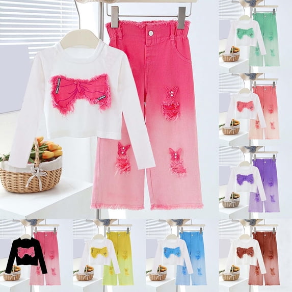 Baby Girl Outfits Fall Bow Long Sleeve Top with Ripped Denim Jeans 2 ...